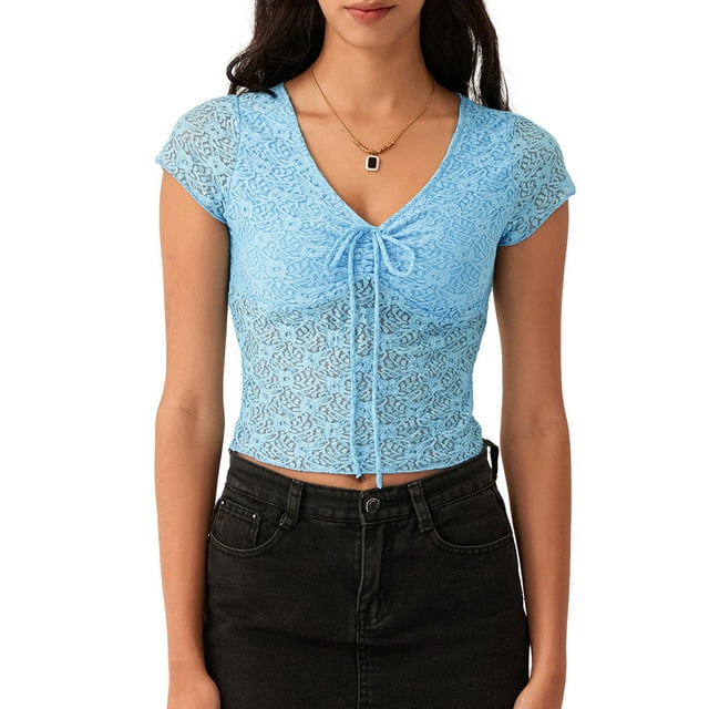 Bangyeer Women Floral Lace Sheer Crop Top Slim Fit Mesh See Through ...