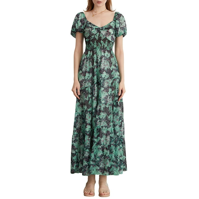 Bangyeer Women Flowy Smocked Maxi Dress Puff Sleeve Sweetheart Floral Boho Summer Sundresses ...