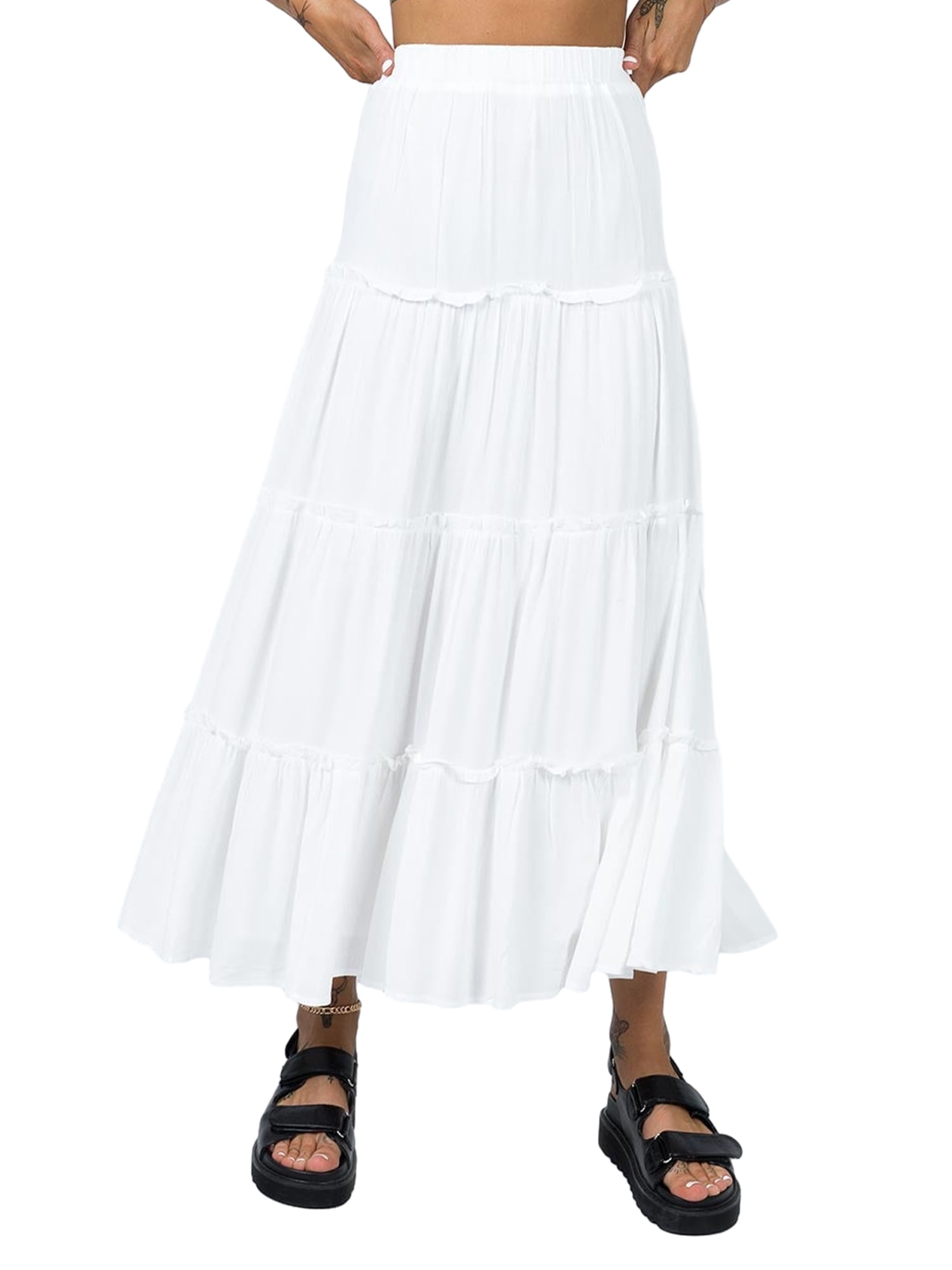 Bangyeer Women Long Maxi Skirts Elastic High Waist Tiered Flowy Long ...