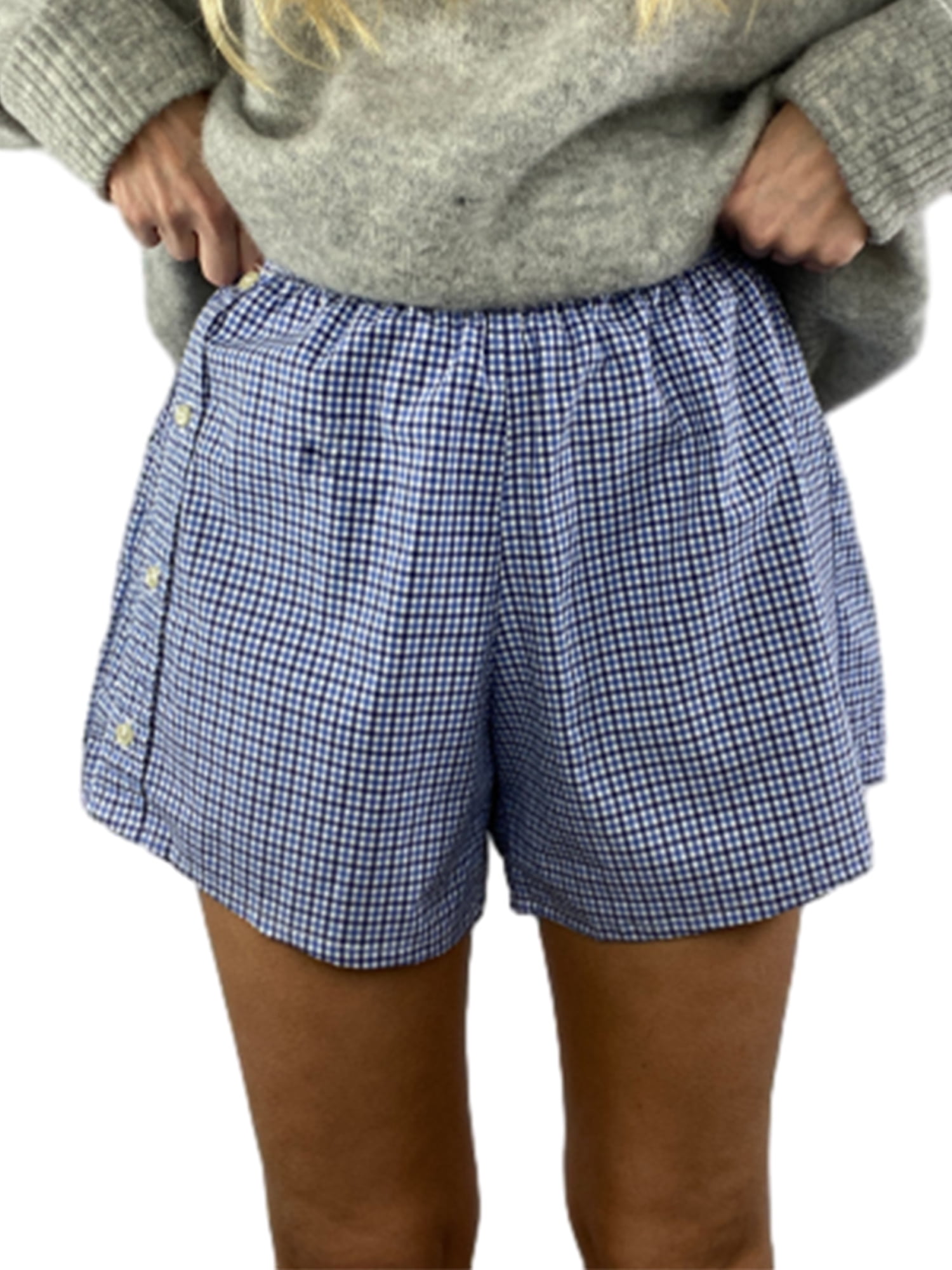 Bangyeer Women Lounge Shorts Plaid Pajama Boxers Side Button High Waist ...