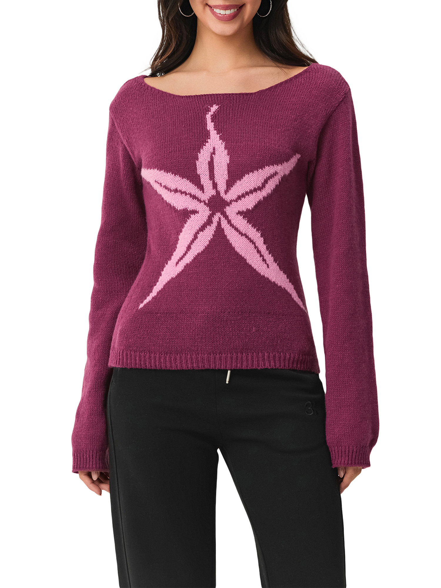 Bangyeer Women Off The Shoulder Sweater Y2K Floral Print Long Sleeve Knit Cropped Pullover Tops ...