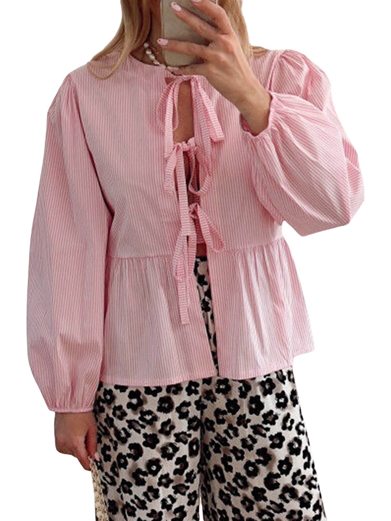 Bangyeer Women Puff Short Sleeve Peplum Shirt Front Tie Tops Ruffle Hem ...