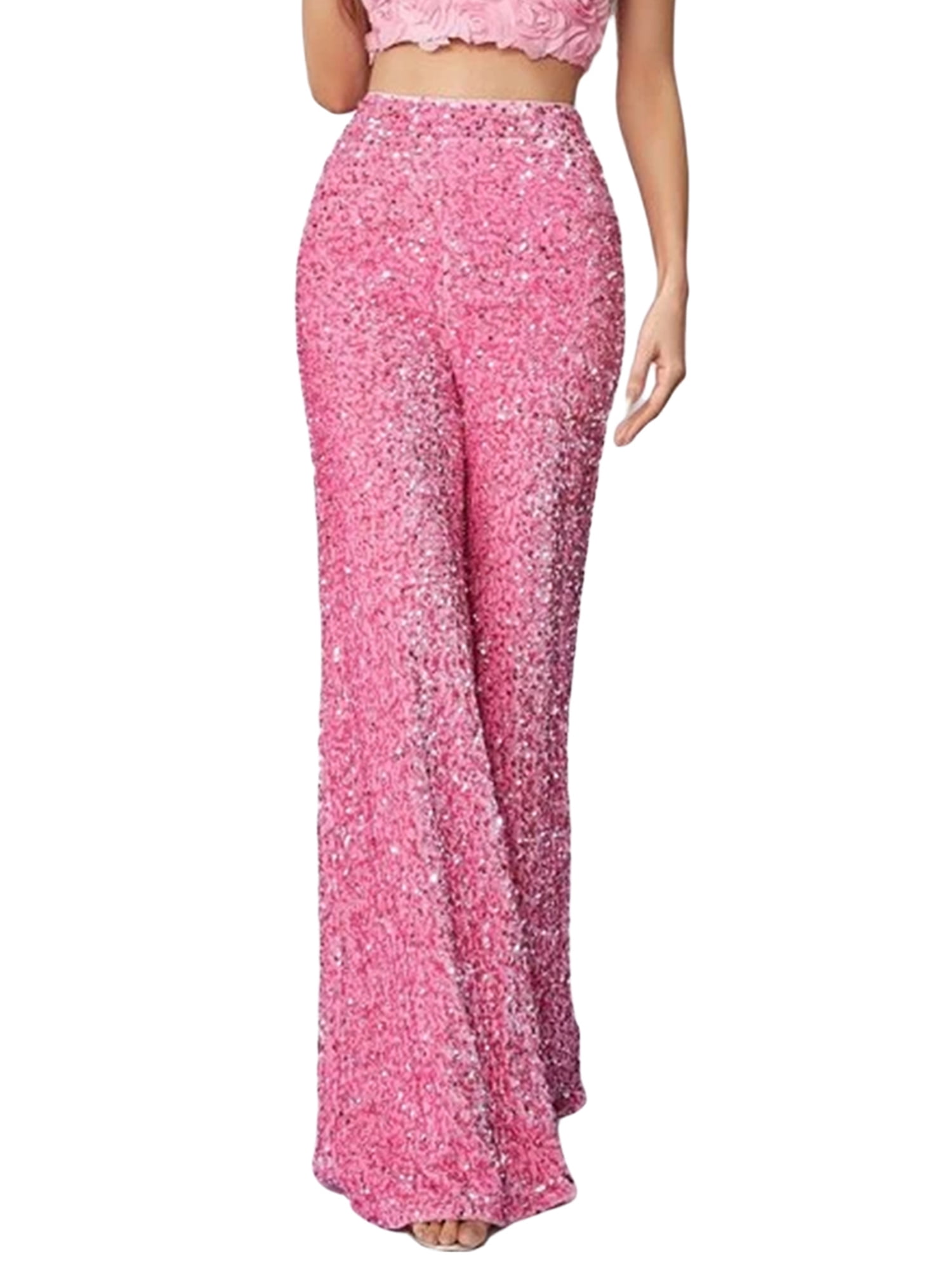 Bangyeer Women Sequin Flare Pants High Waisted Wide Leg Sparkle Pants ...