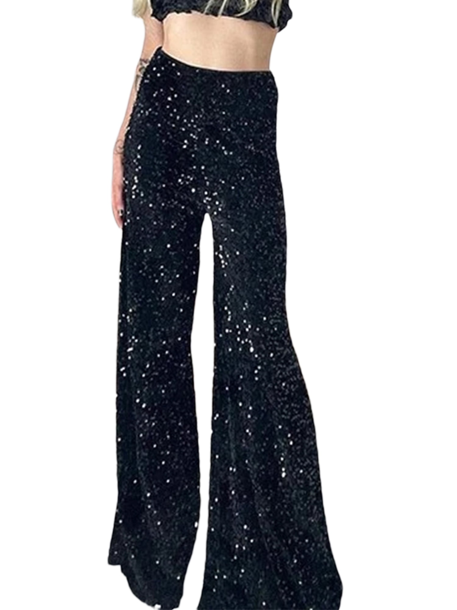 Bangyeer Women Sequin Flare Pants High Waisted Wide Leg Sparkle Pants ...