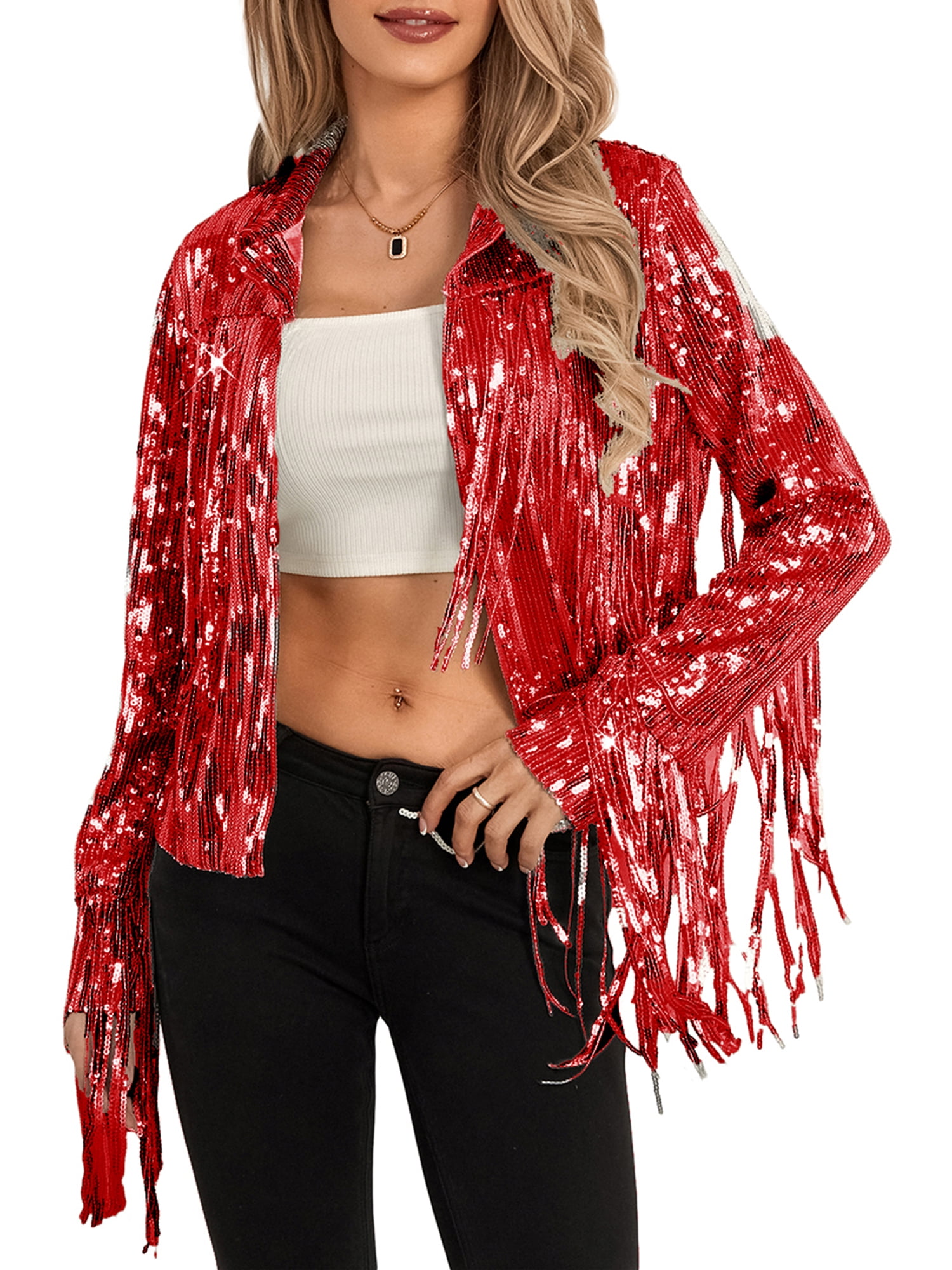 Bangyeer Women Sparkly Sequin Jacket Shiny Glitter Tassel Fringe Hem ...