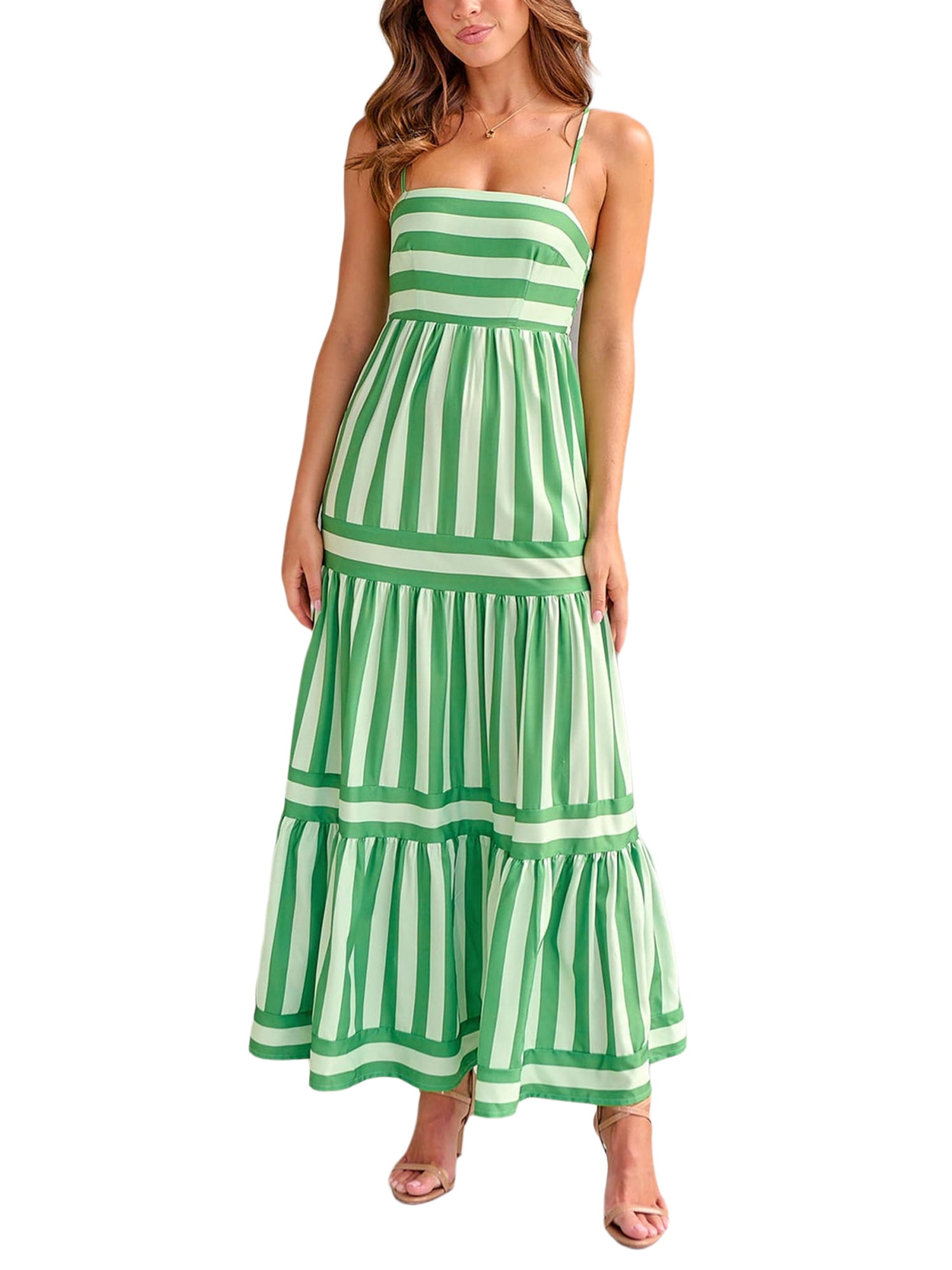 Bangyeer Women Striped Maxi Cami Dress Spaghetti Strap Floral Boho Long ...