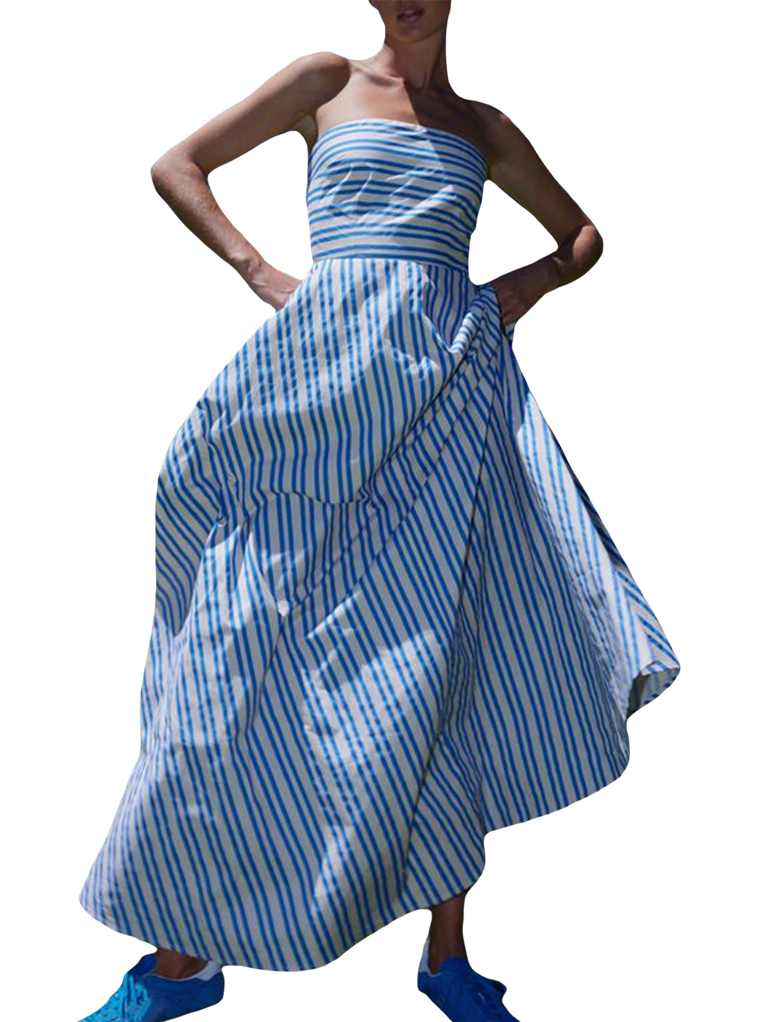 Bangyeer Women Striped Strapless Maxi Dress Off Shoulder Backless Tube