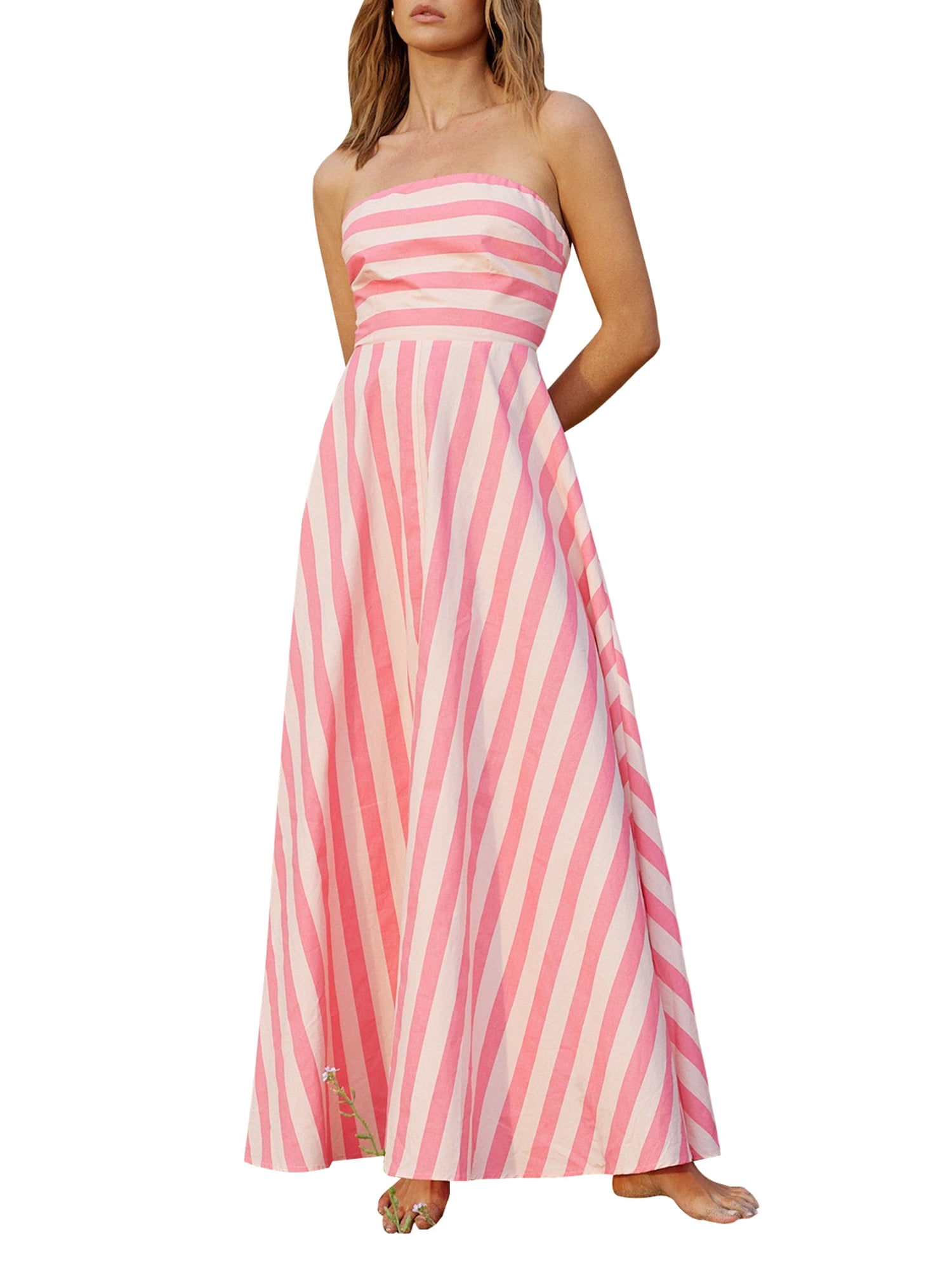 Bangyeer Women Striped Strapless Maxi Dress Off Shoulder Backless Tube