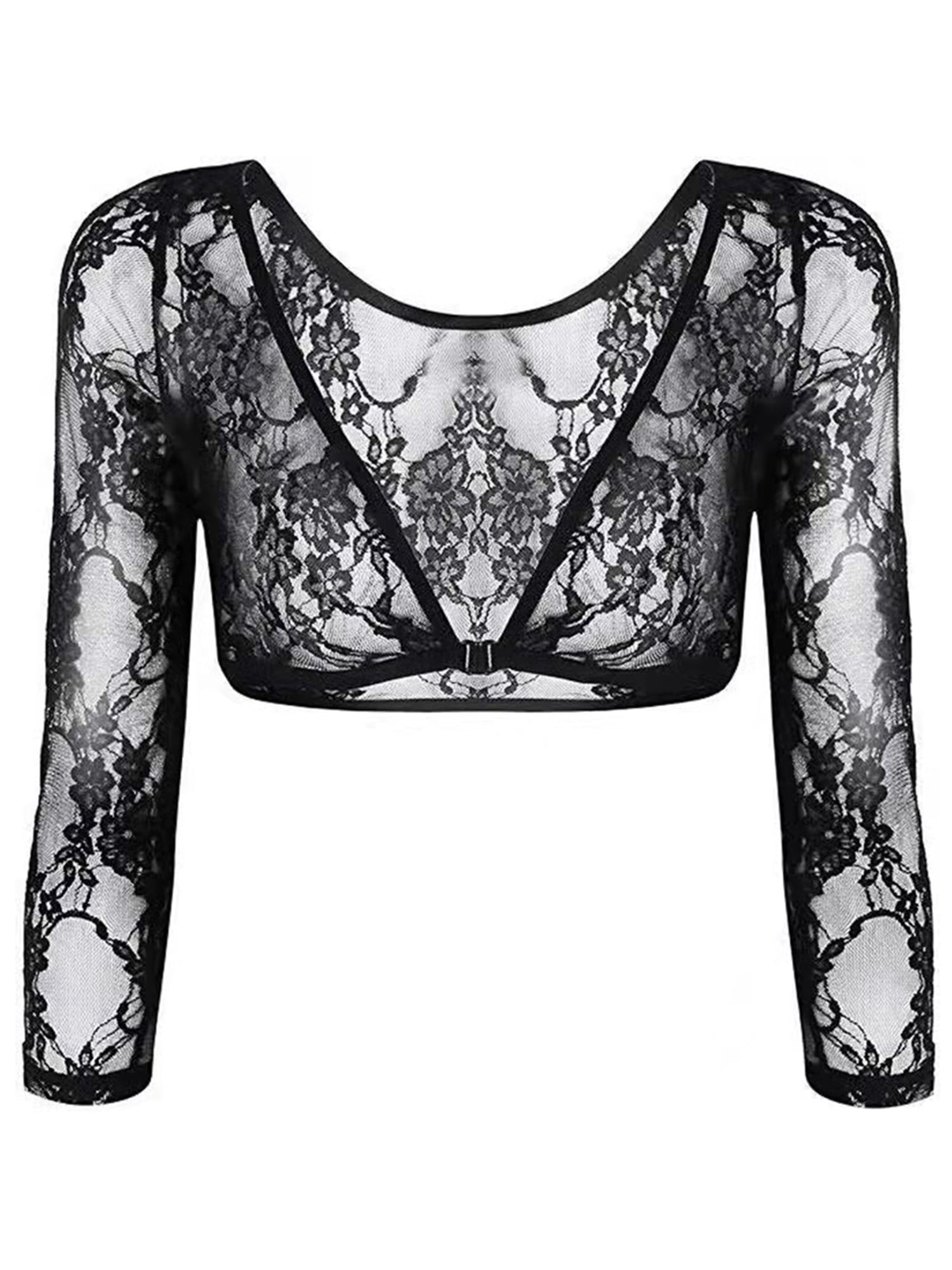 Bangyeer Women Summer Sexy Lace Sheer Deep V-Neck Long-Sleeves Tight ...