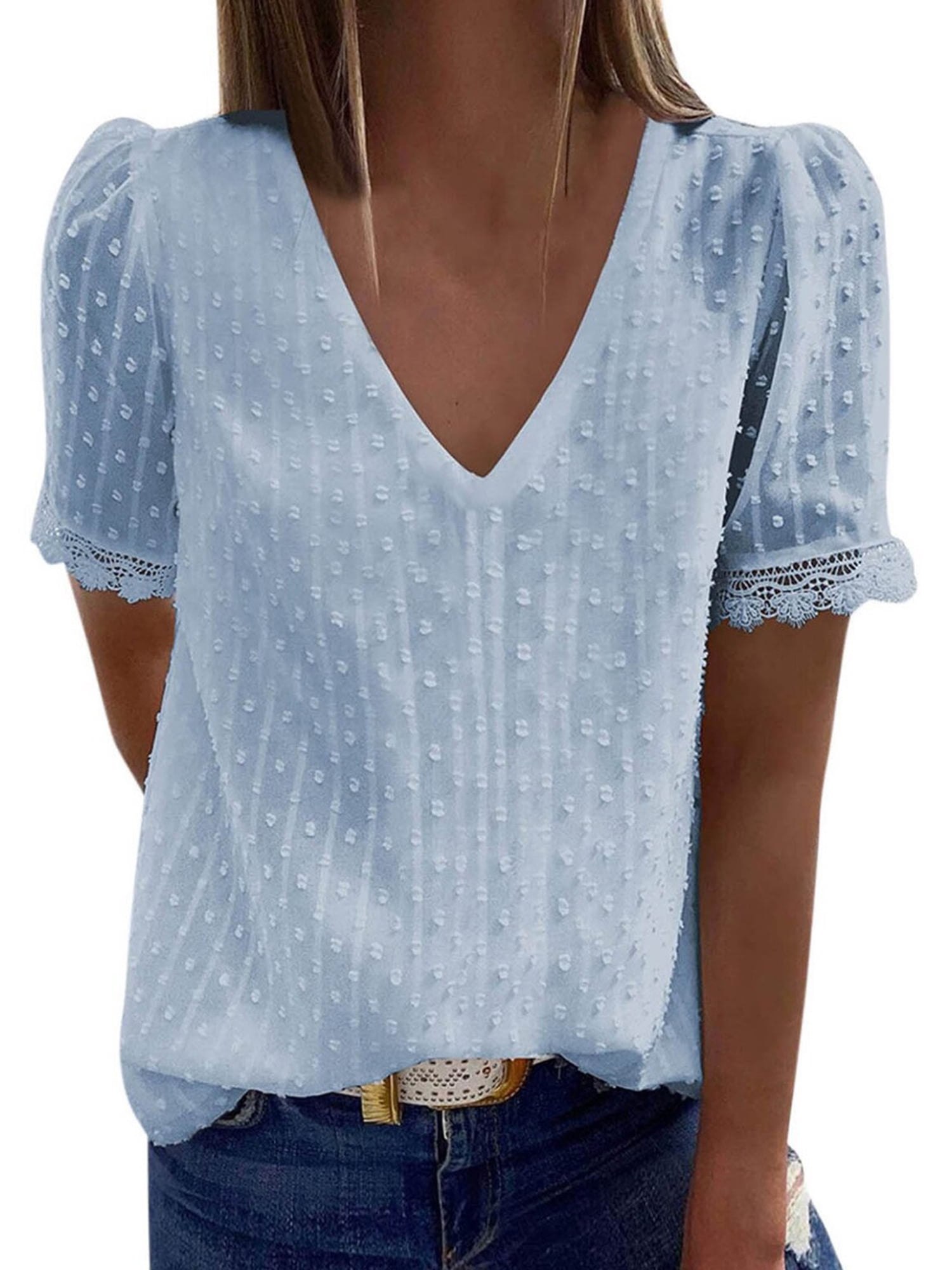 Bangyeer Women Tunic Tops Casual Short Sleeve V Neck Plain Lace Elegant ...