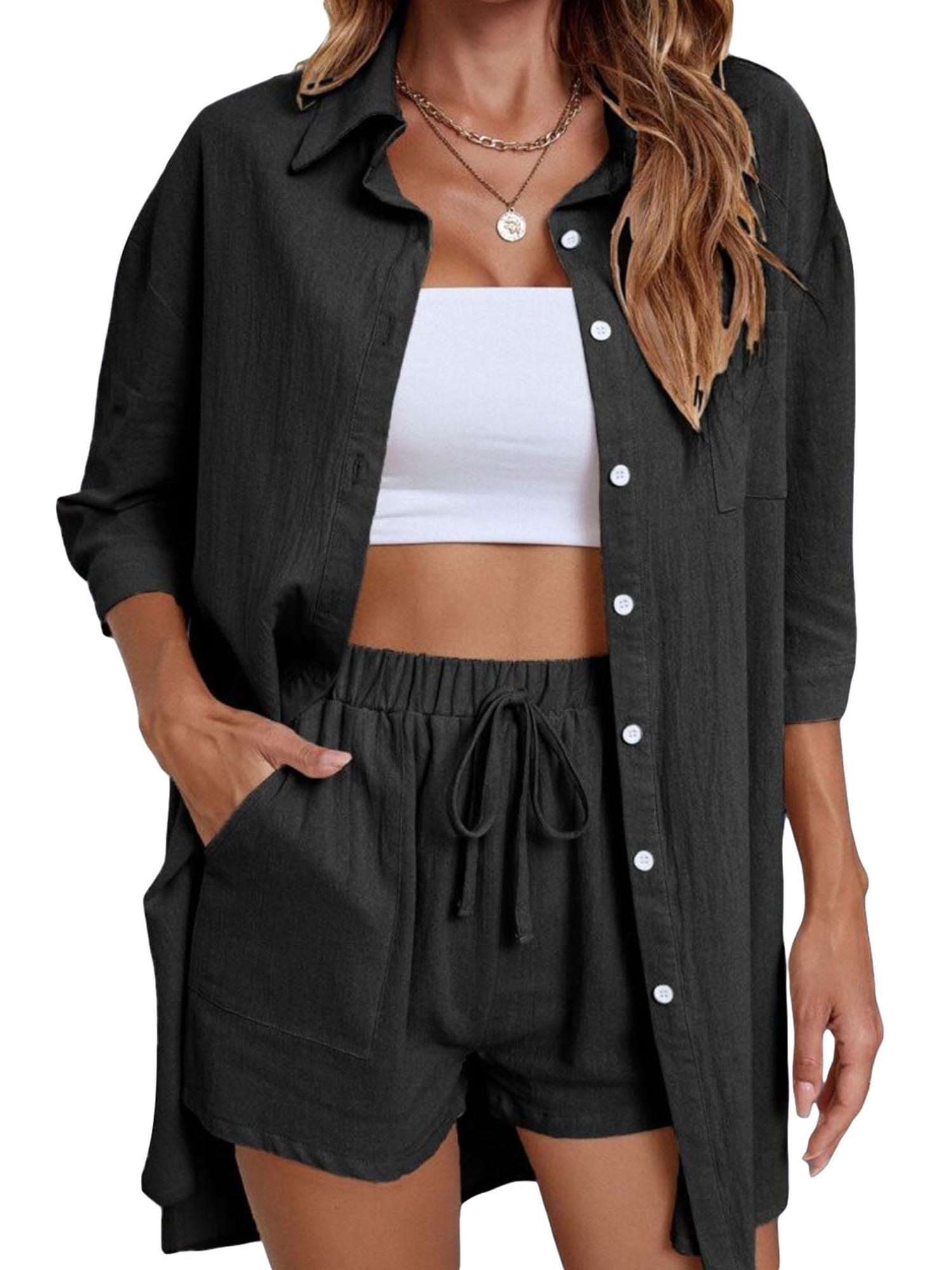 Bangyeer Women’s Casual 2 Piece Outfits Loose Button Down Oversized ...