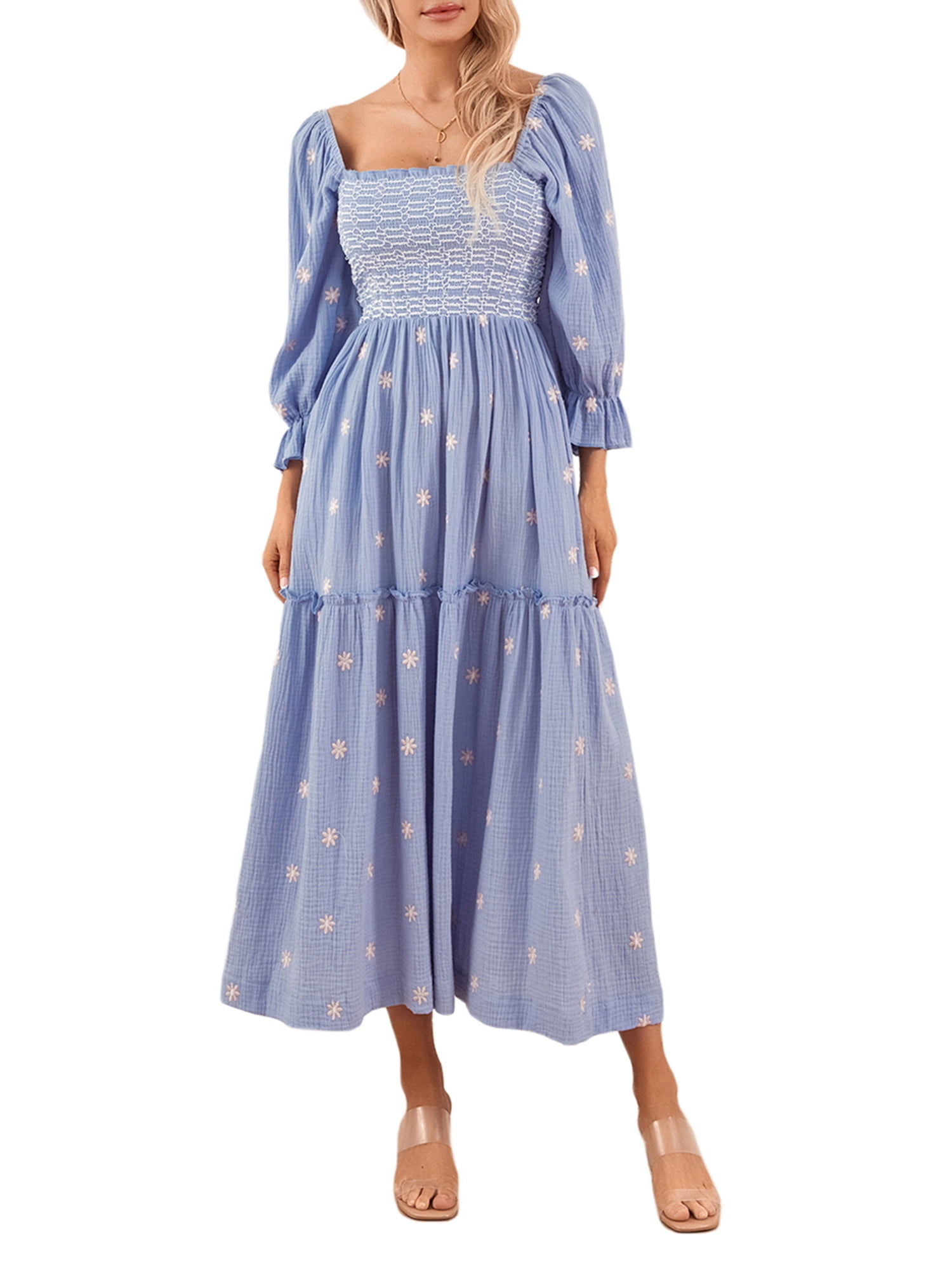 Bangyeer Women's Flower Embroidered Maxi Dress Lantern Sleeve Square ...