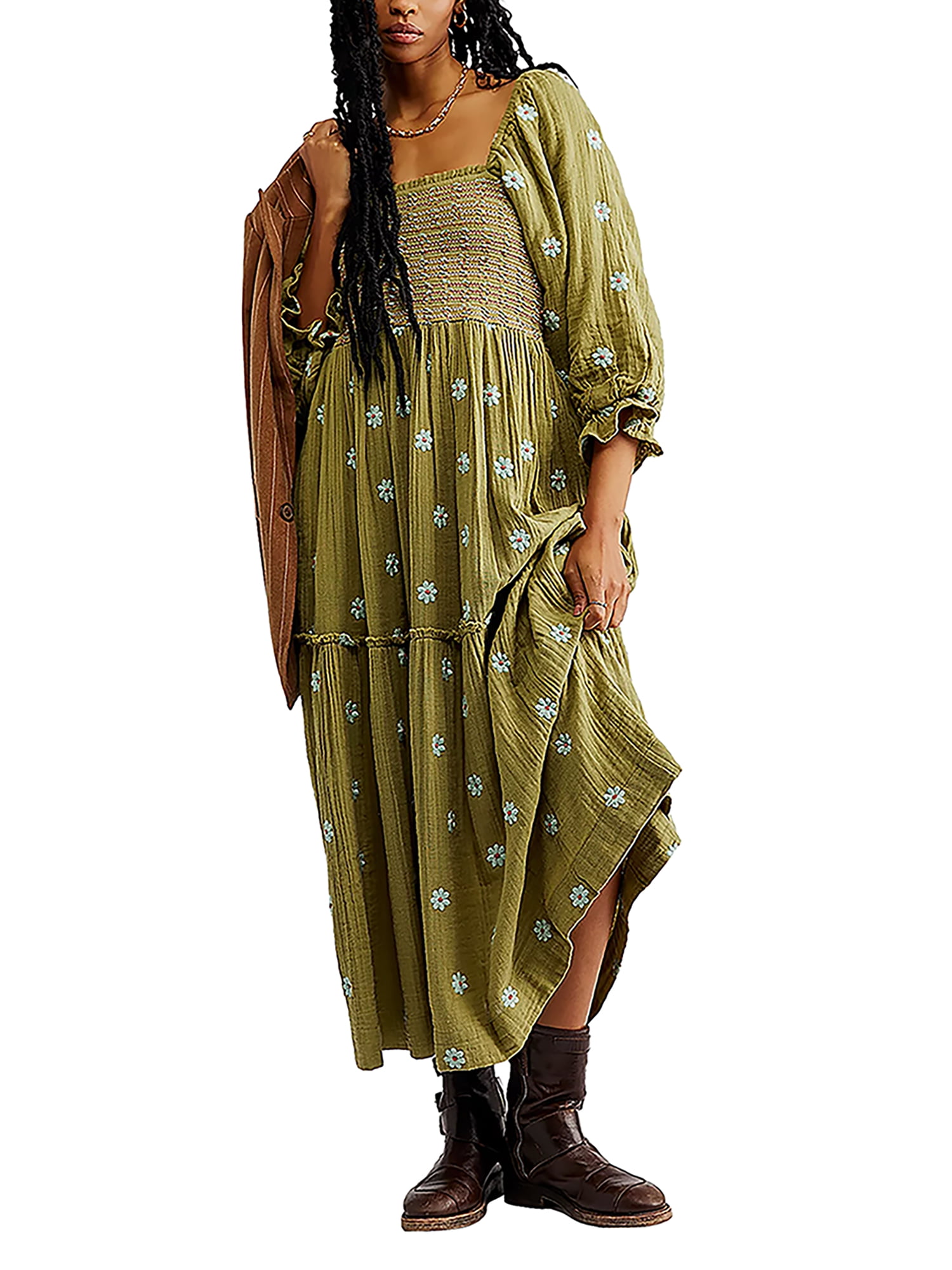 Bangyeer Women's Flower Embroidered Maxi Dress Lantern Sleeve Square ...