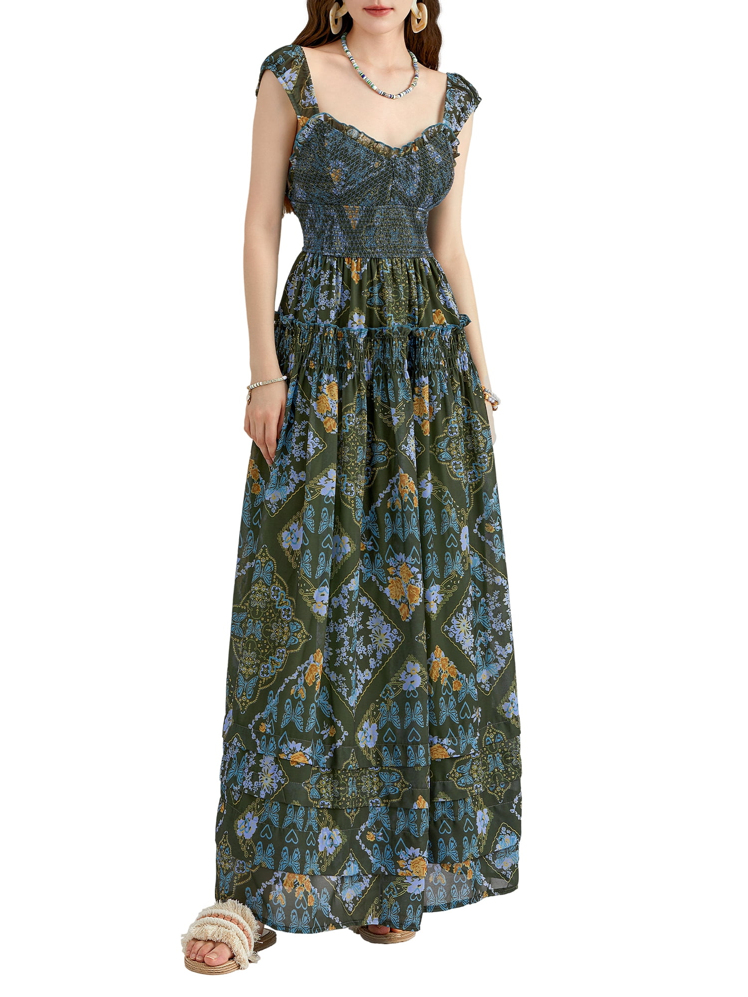 Bangyeer Women's Flowy Smocked Maxi Dress Puff Sleeve Sweetheart Floral Boho Beach Sundresses ...