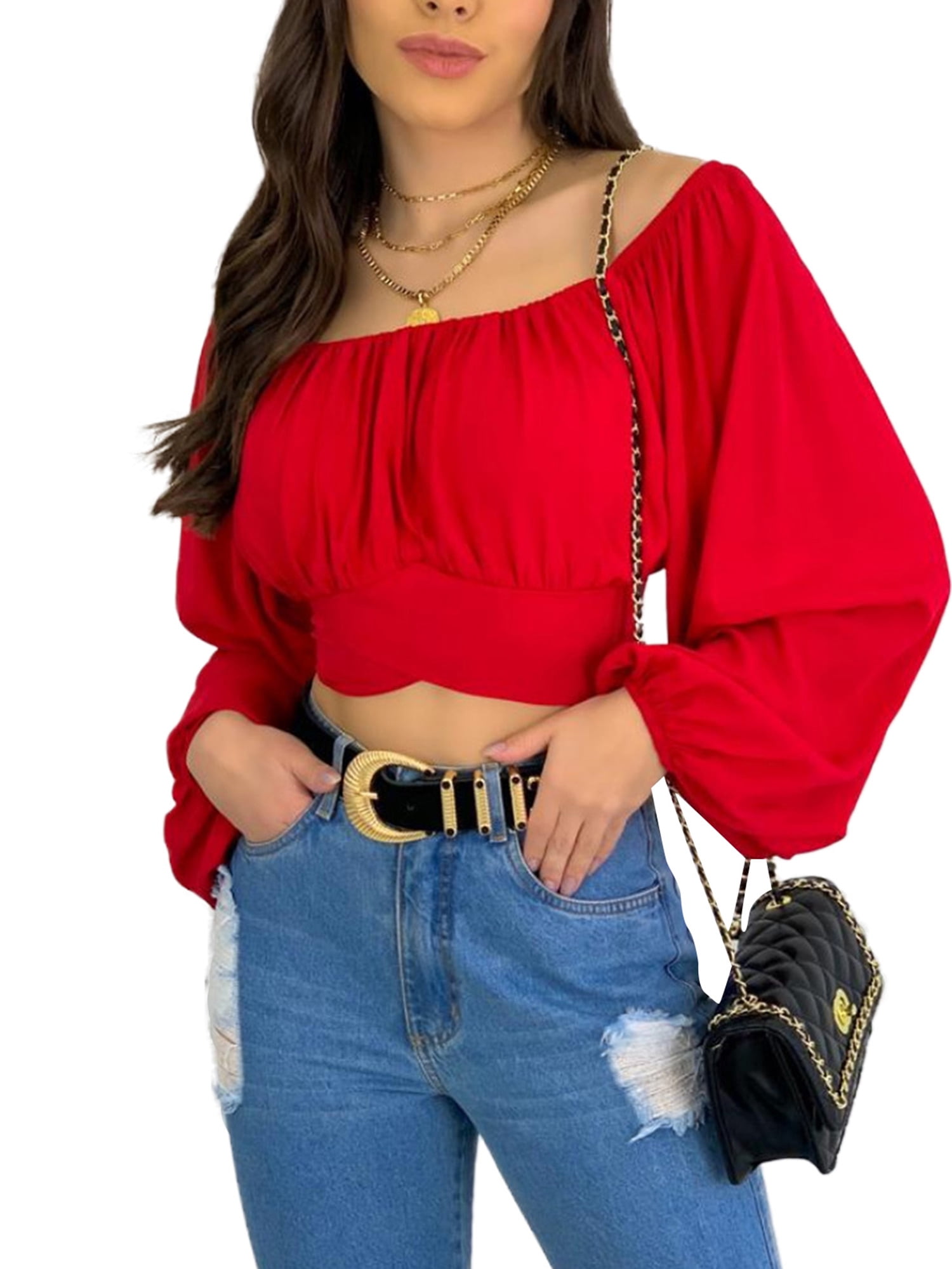 Bangyeer Women's Off Shoulder Crop Tube Tops Long Puff Sleeve Tie Knot ...