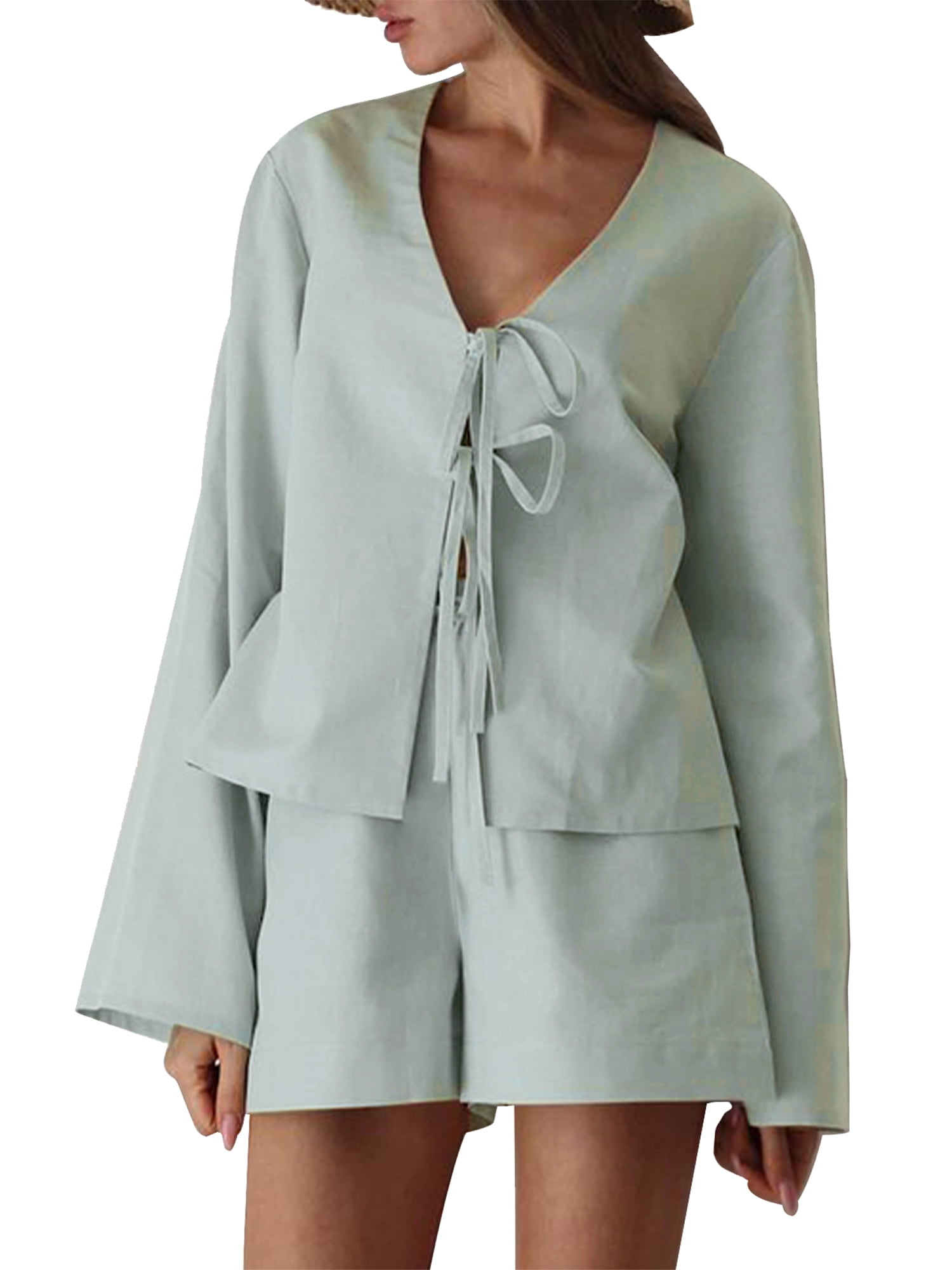 Bangyeer Women's Pajamas Set Tie-Up Front Long Sleeve Tops and Shorts 2 ...