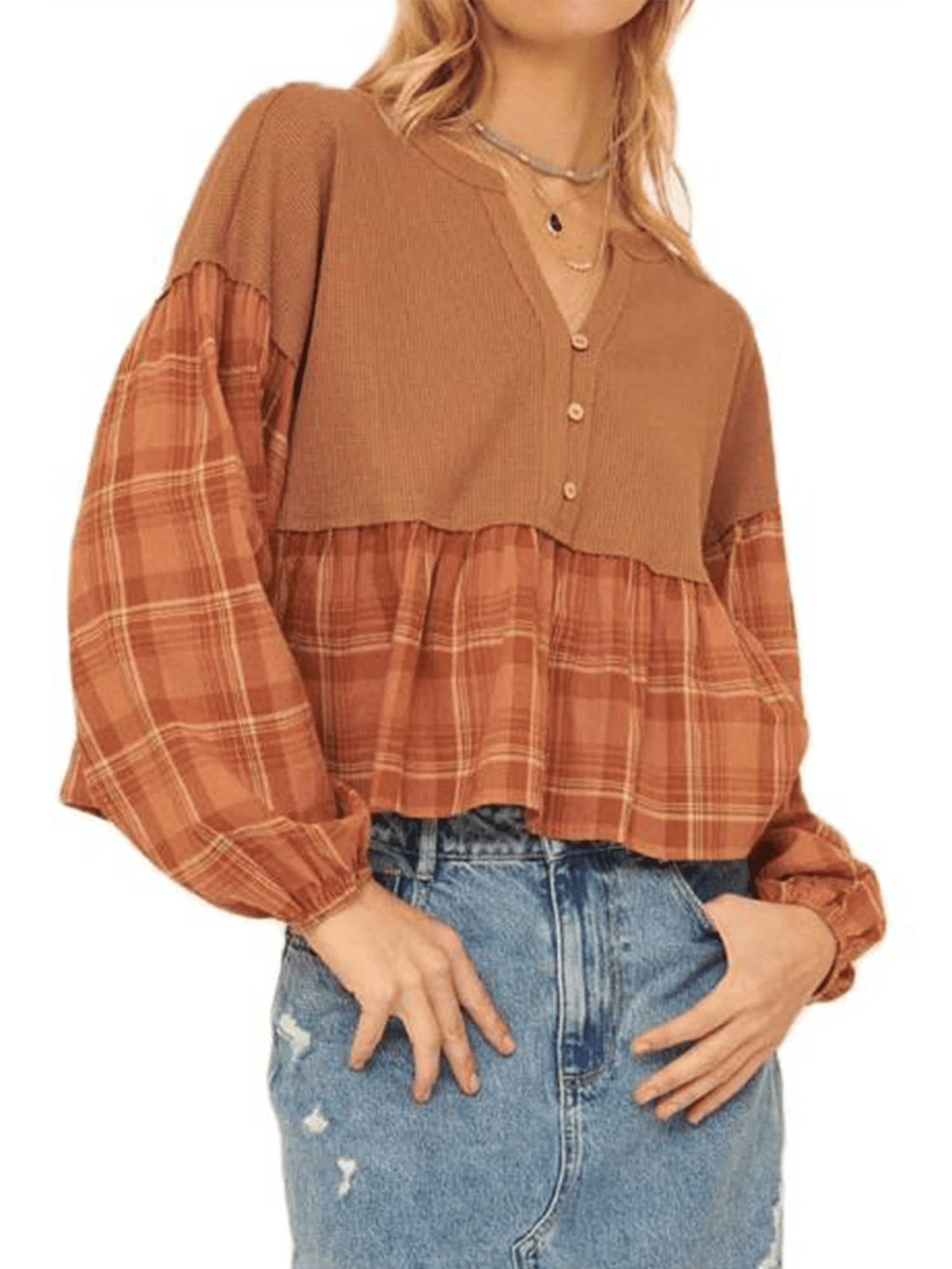 Bangyeer Women's Peplum Blouse Plaid Print Patchwork Long Sleeve V-Neck ...