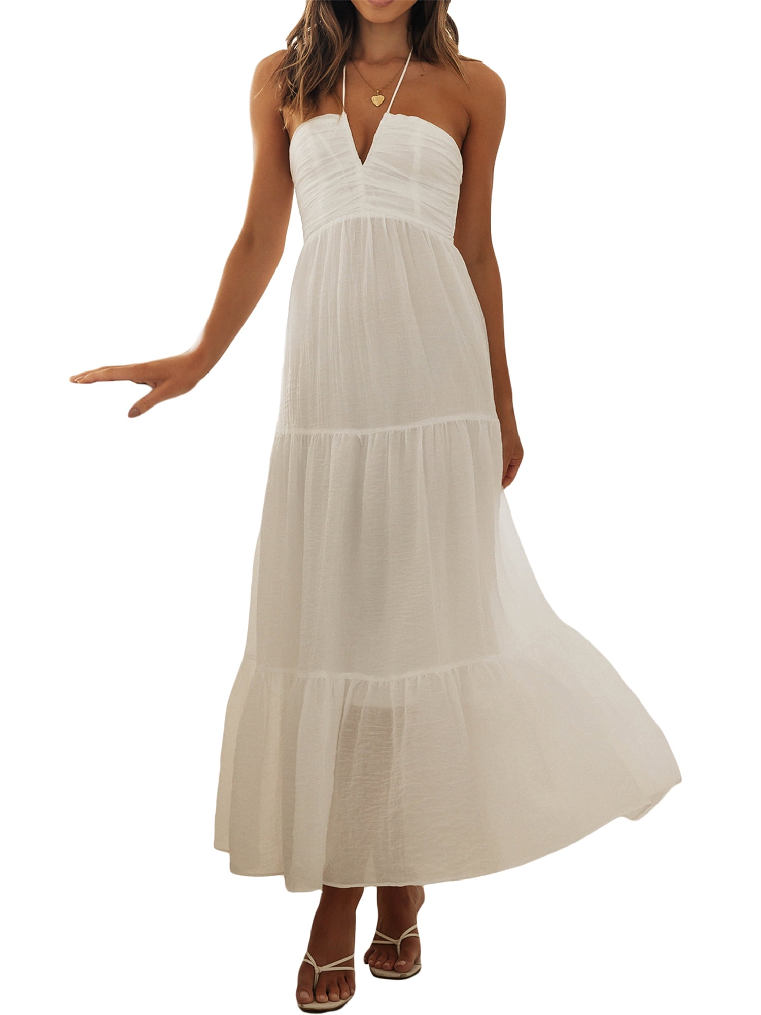 Bangyeer Women's Pleated Maxi Cami Dress Backless Spaghetti Strap Long ...