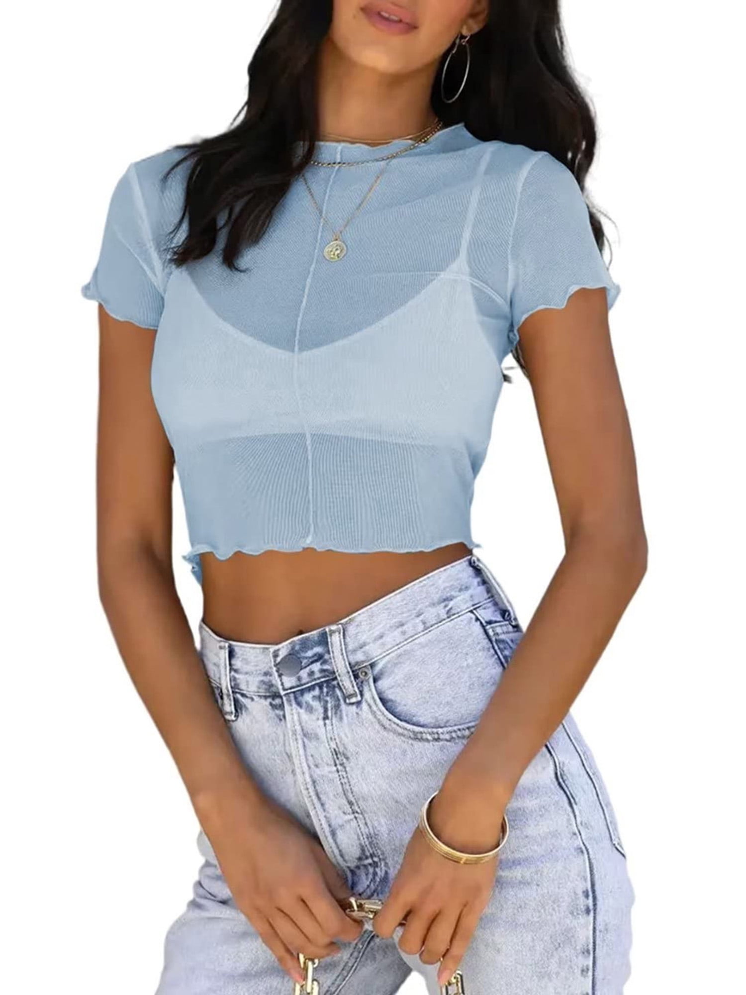 Bangyeer Womens Sheer Mesh Crop Tops Short Sleeve Slim See Through T