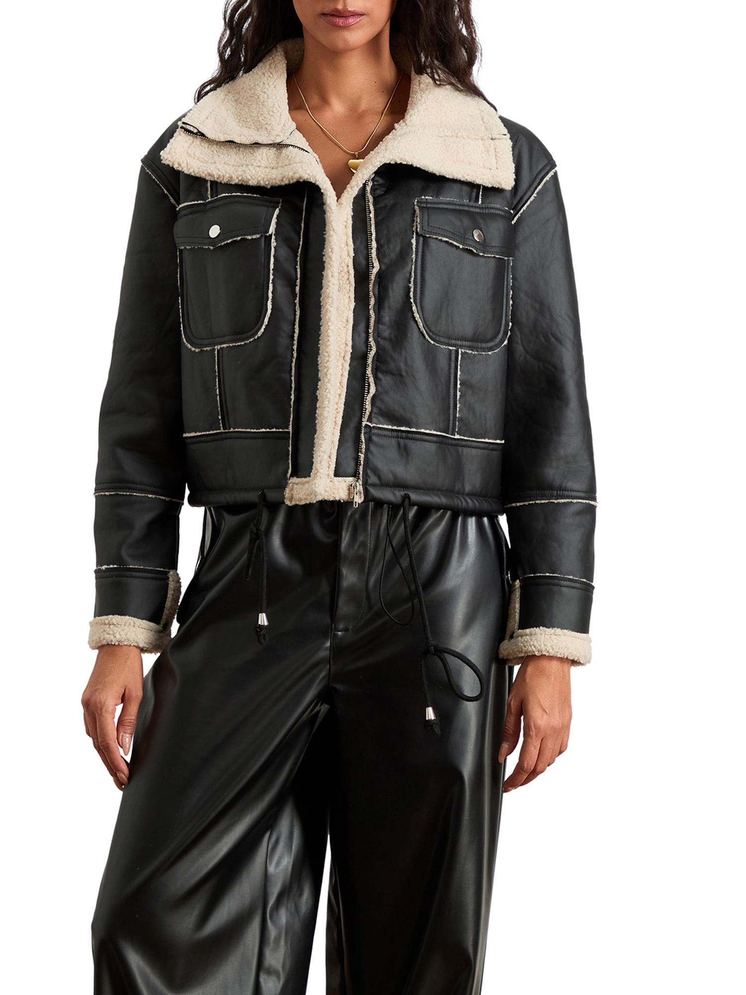 Bangyeer Women's Sherpa Faux Leather Trucker Jacket Cropped Suede ...