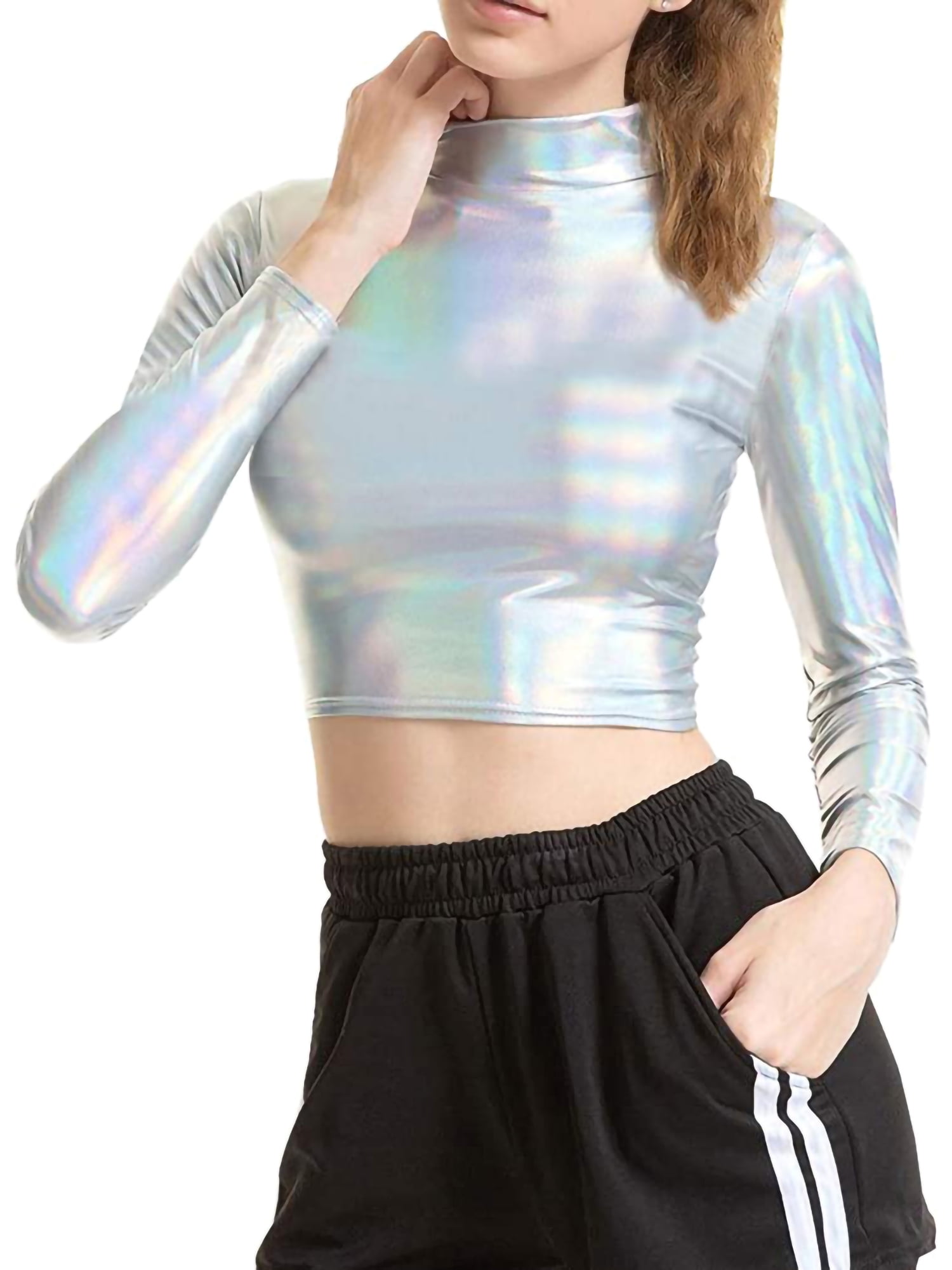 Bangyeer Women's Shiny Metallic Liquid Crop Top Long Sleeve Turtleneck ...