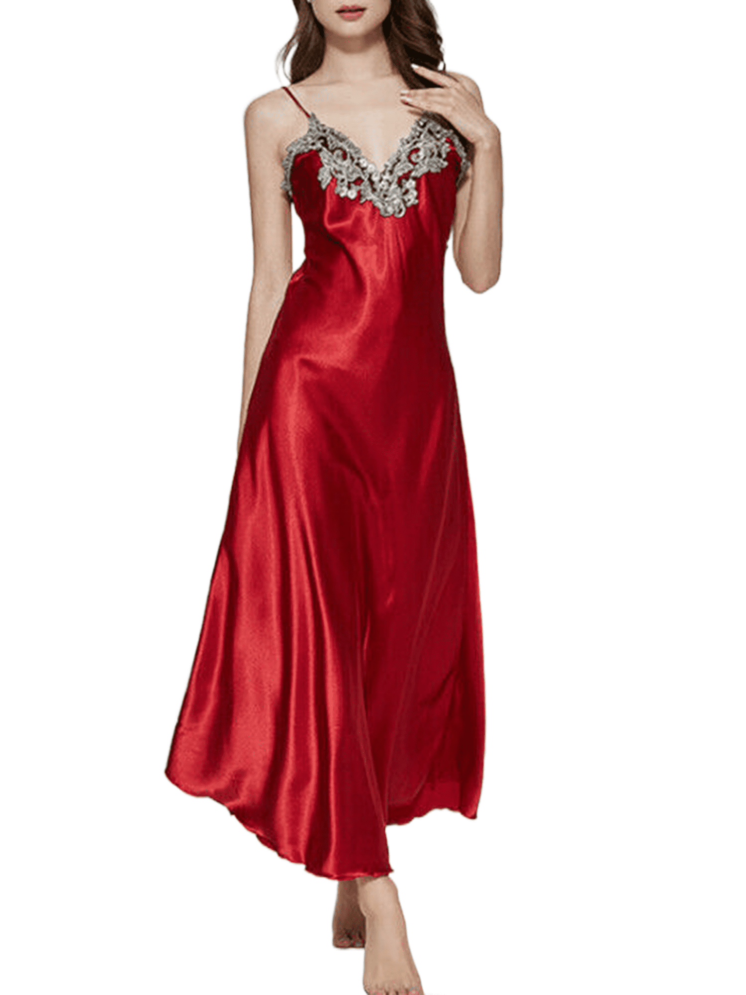 Bangyeer Women's Silk Satin Nightgowns Long Slip Sleep Dress Lace ...