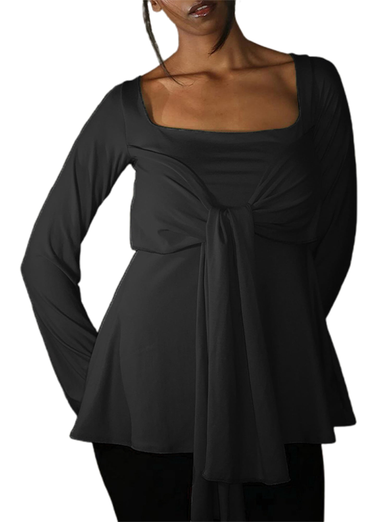 Bangyeer Women's Tie up Bow Square Neck Long Sleeve Basic Shirt Blouses ...