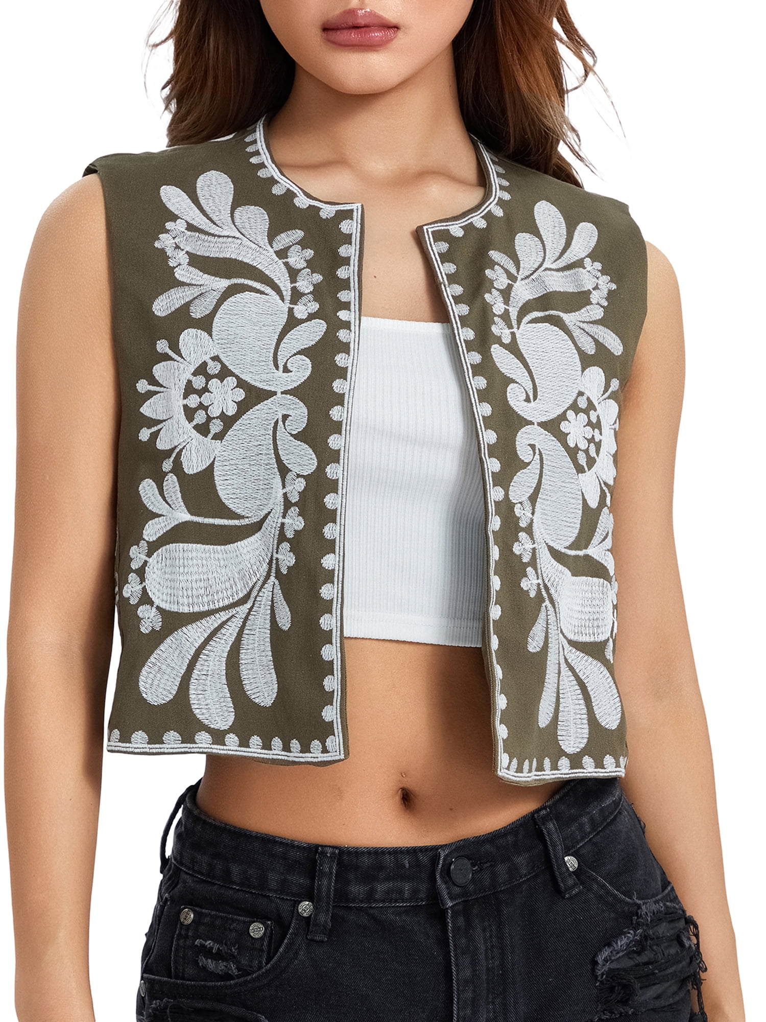 Bangyeer Women's Vintage Embroidered Floral Vest Y2k Sleeveless Linen ...