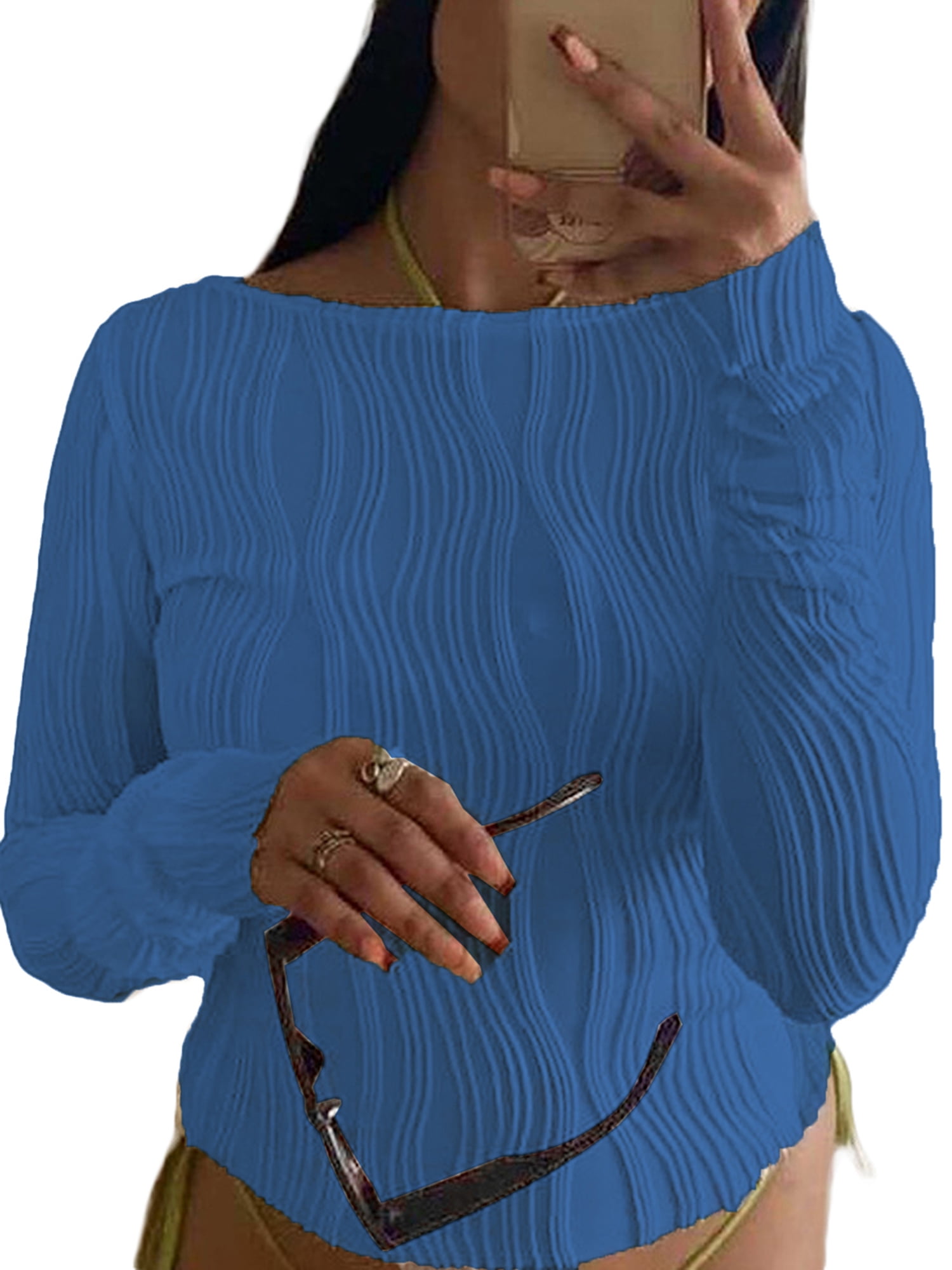 Bangyeer Women's Y2K Long Sleeve Pleated Shirt Crew Neck Slim Fit ...