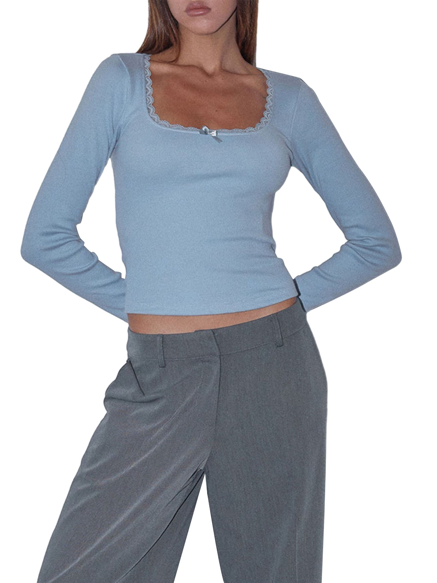 Bangyeer Womens Long Sleeve Vintage Aesthetic Slim Fit Square Neck Crop ...