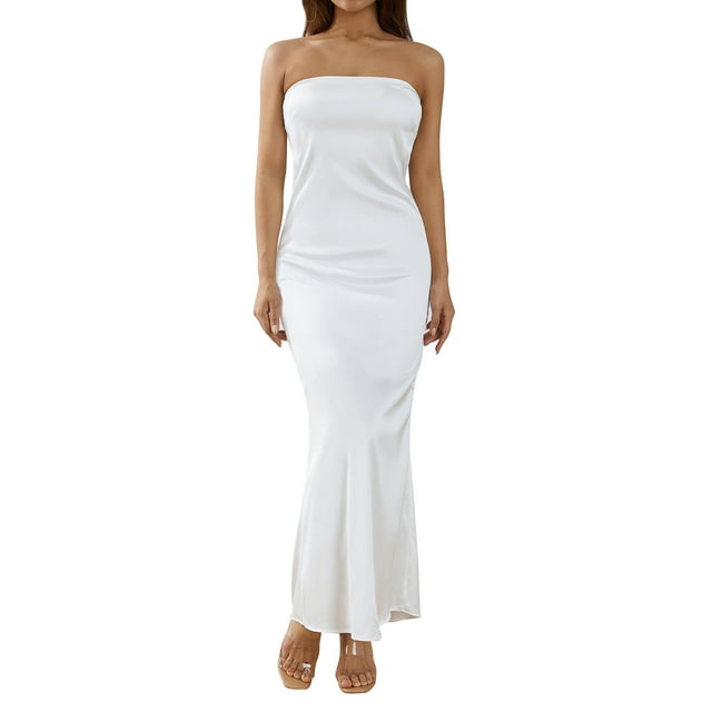 Bangyeer Womens Satin Tube Top Long Dress Strapless Backless Bodycon ...