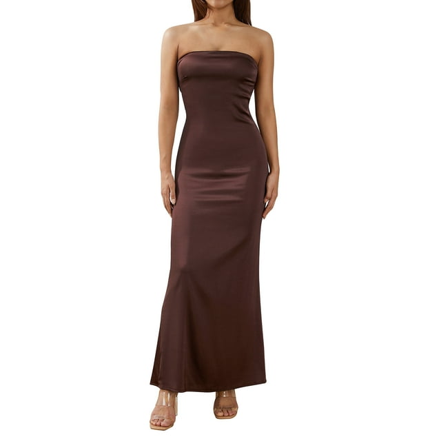 Bangyeer Womens Satin Tube Top Long Dress Strapless Backless Bodycon