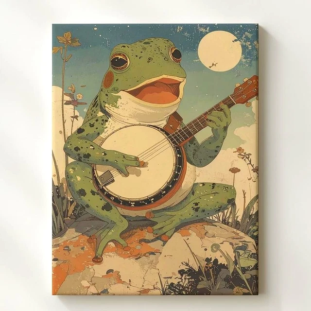Banjo-Playing Frog Postervintage Storybook Illustration With Moonlit ...