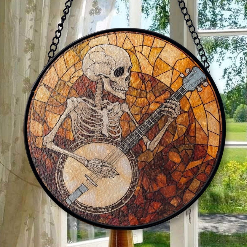 Banjo Stained Glass SunCatcher Skeleton Banjoist Light Catcher Window ...