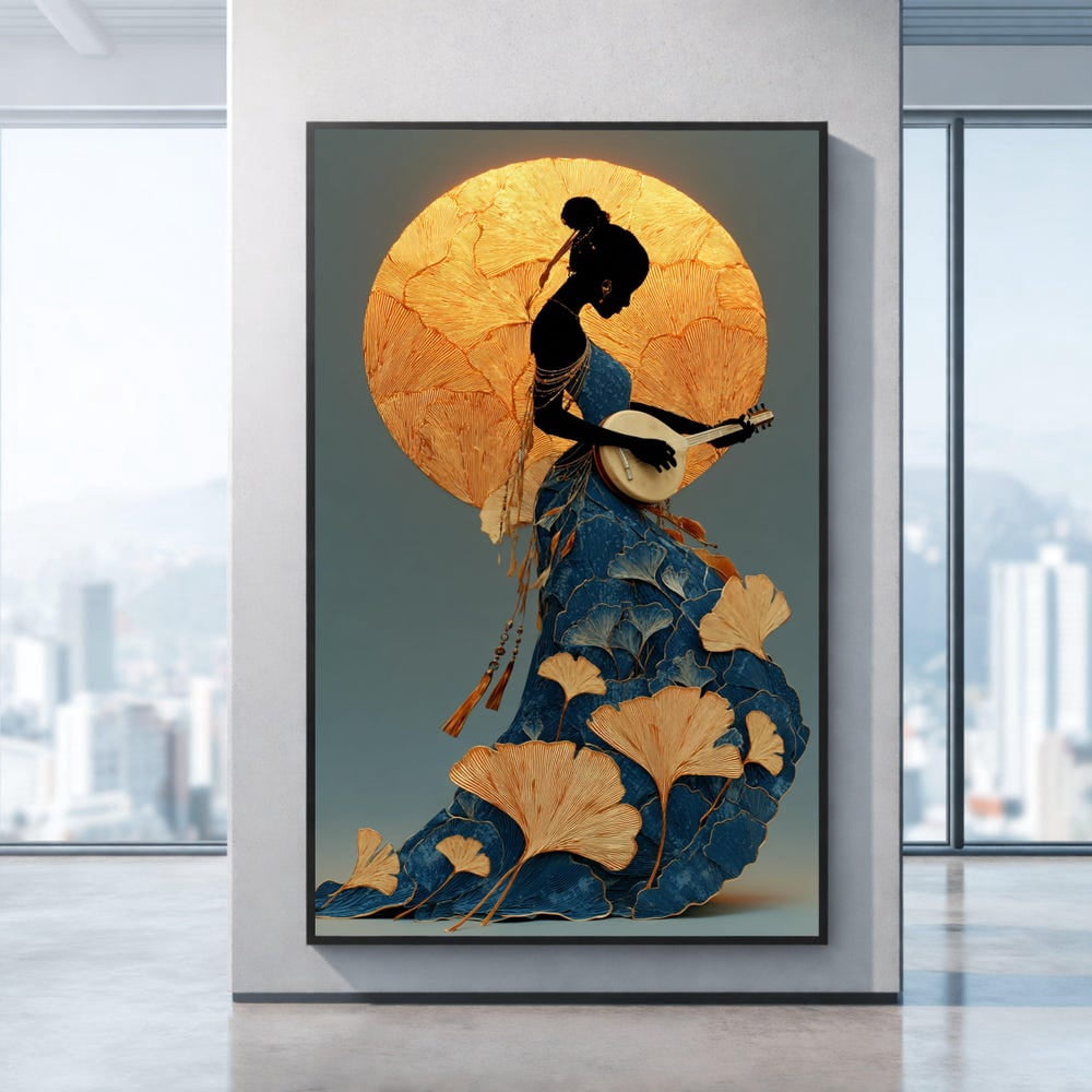 Banjo Woman Art Golden Ginkgo Leaves Musical Wall Decor Wall Art ...