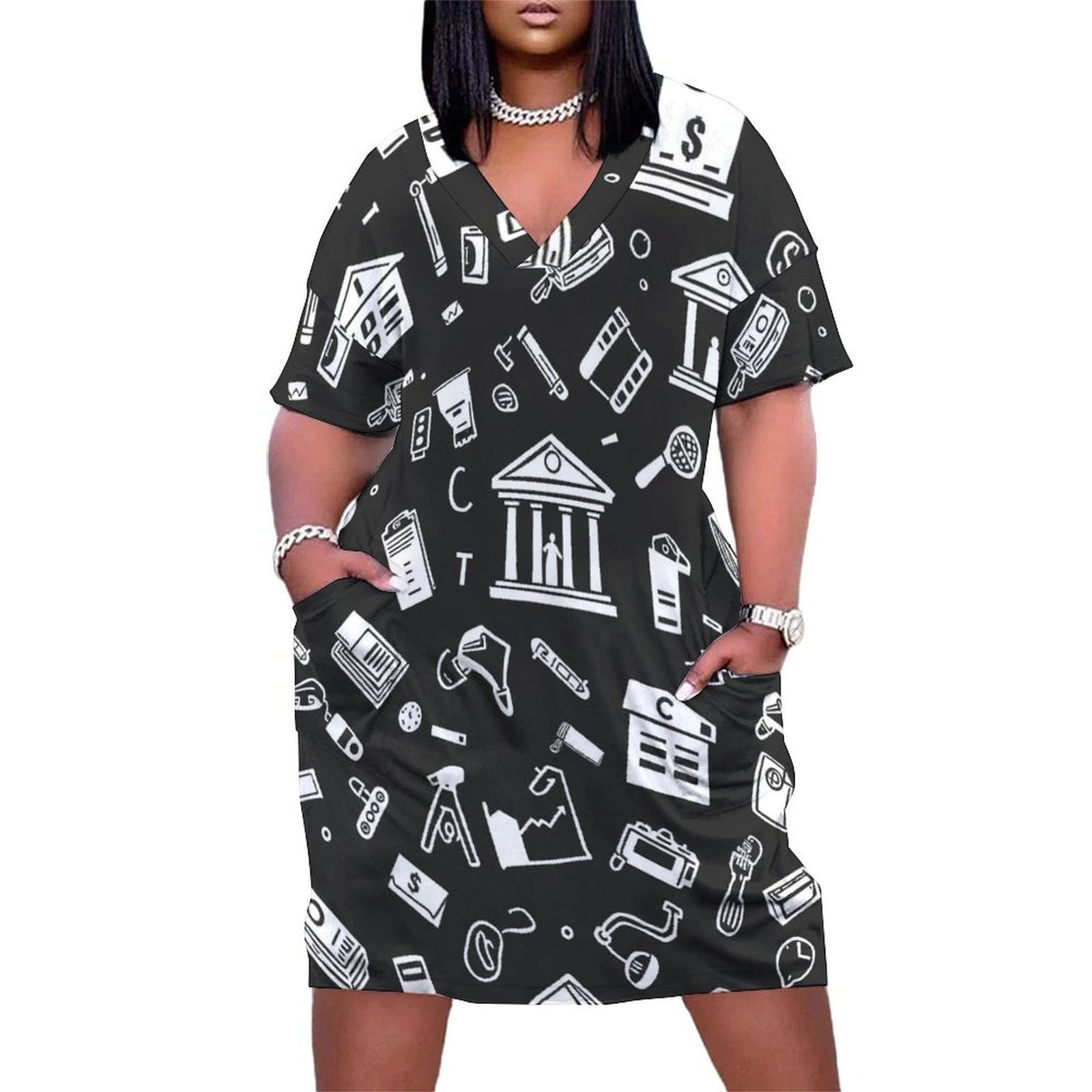 Bank Doodle Pattern Loose Pocket Dress Dresses for Special Events Women ...