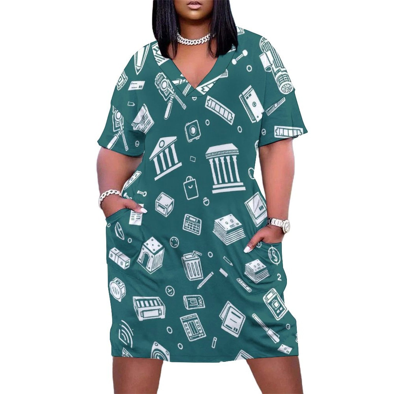 Bank Doodle Pattern Loose Pocket Dress Summer Dress Woman 2025 Trendy ...