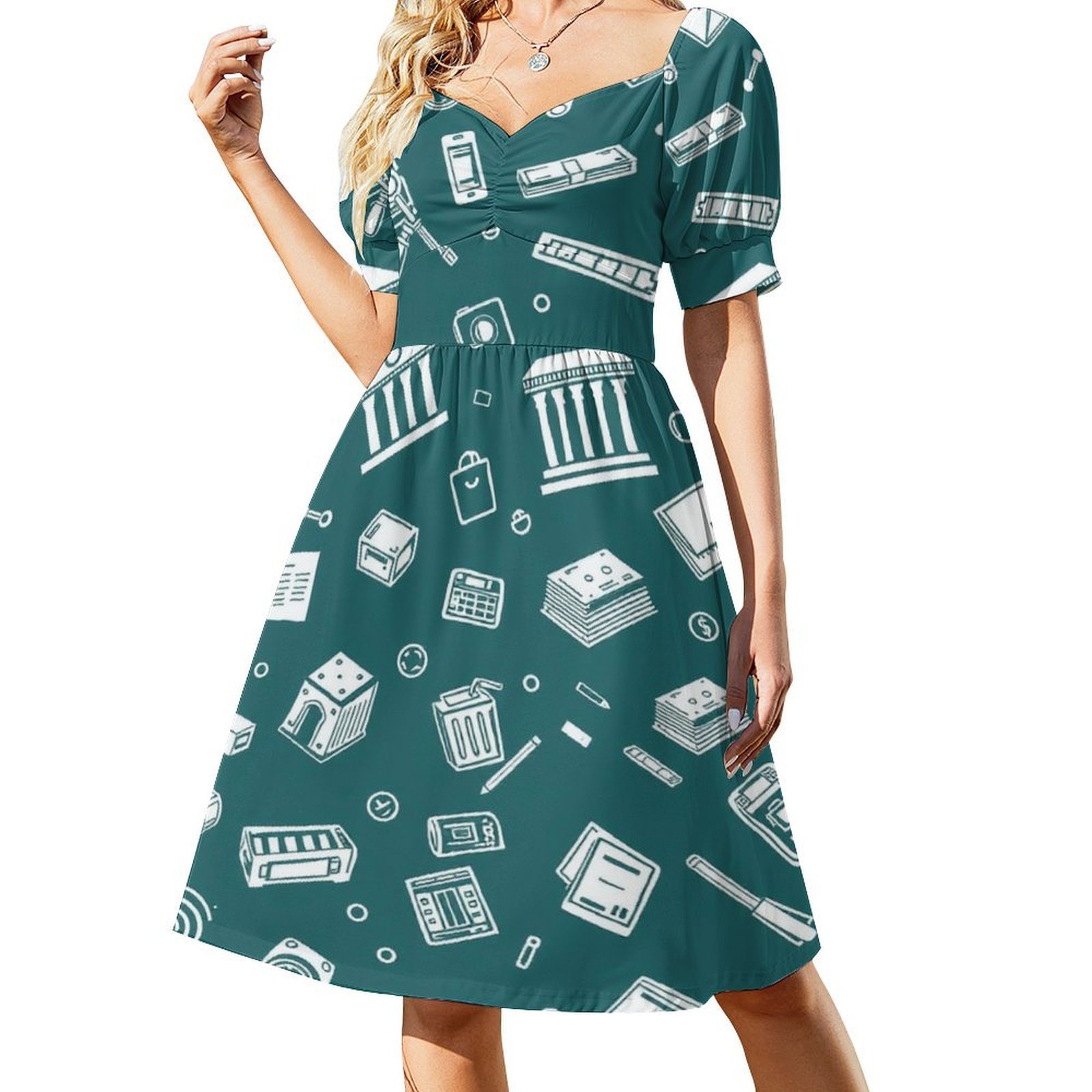 Bank Doodle Pattern Short Sleeved Dress Birthday Dress for Women Luxury ...