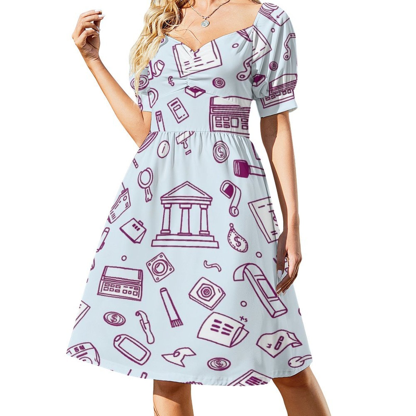 Bank Doodle Pattern Short Sleeved Dress Fairy Dress Evening Gown Women ...