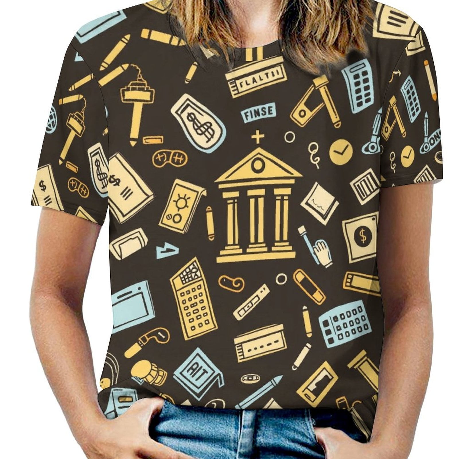 Bank Doodle Pattern T Shirts Basic T-Shirt Short Sleeve Ladies Tee ...