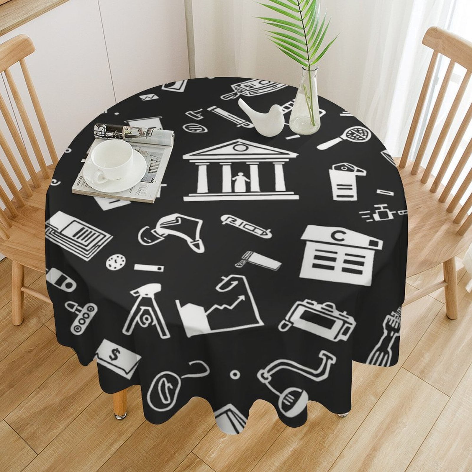 Bank Doodle Pattern Table Cloth Round PVC Wedding Kitchen Dining Desk ...