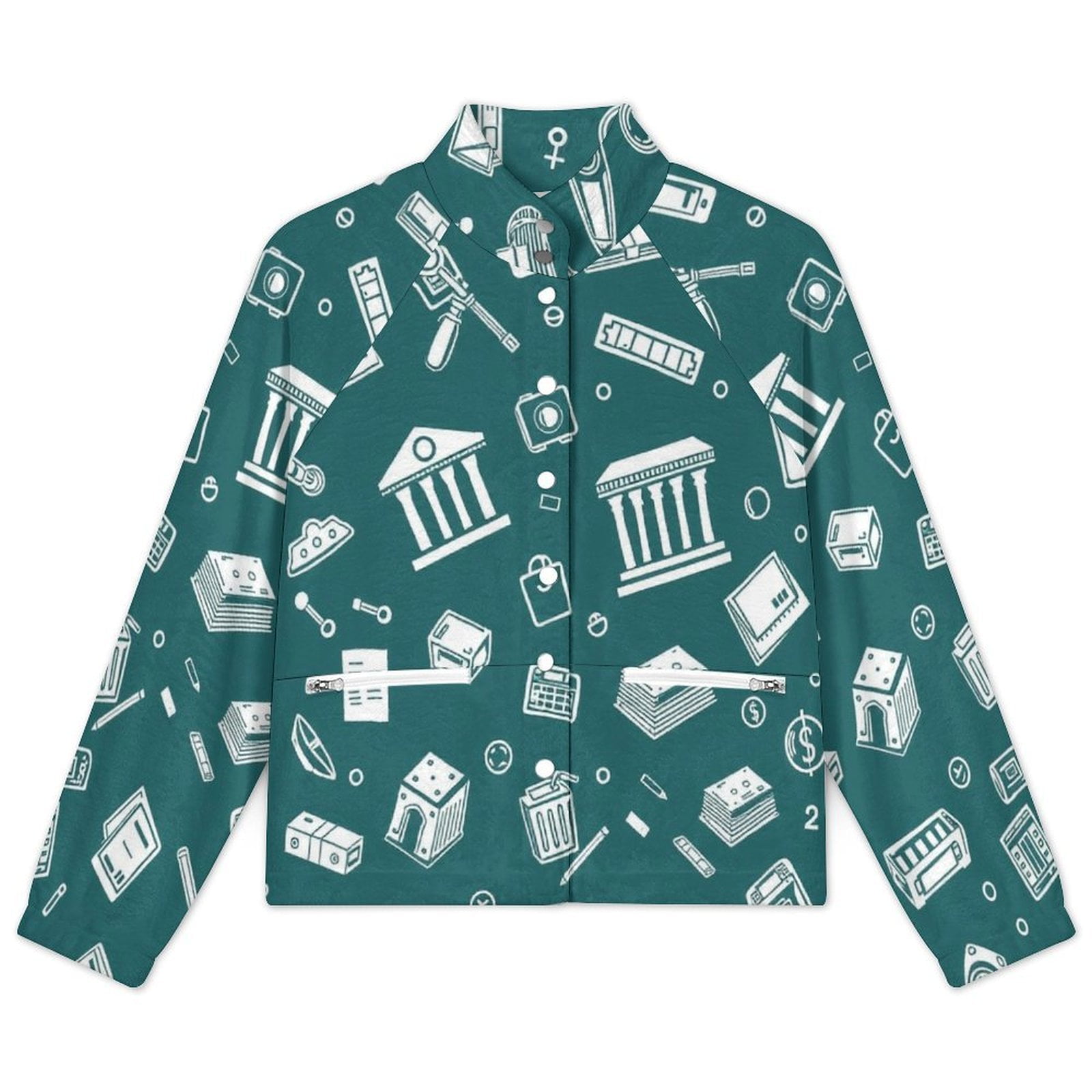 Bank Doodle Pattern Warm Women's Plush Jacket Stand Collar Full Sleeve ...