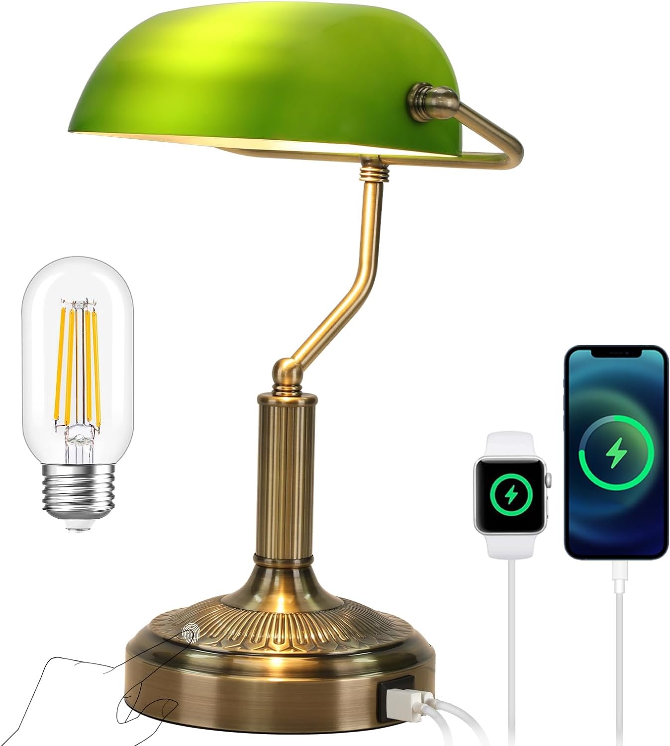 Bankers Lamp with USB & Type C Charging Ports, Touch Control Green ...