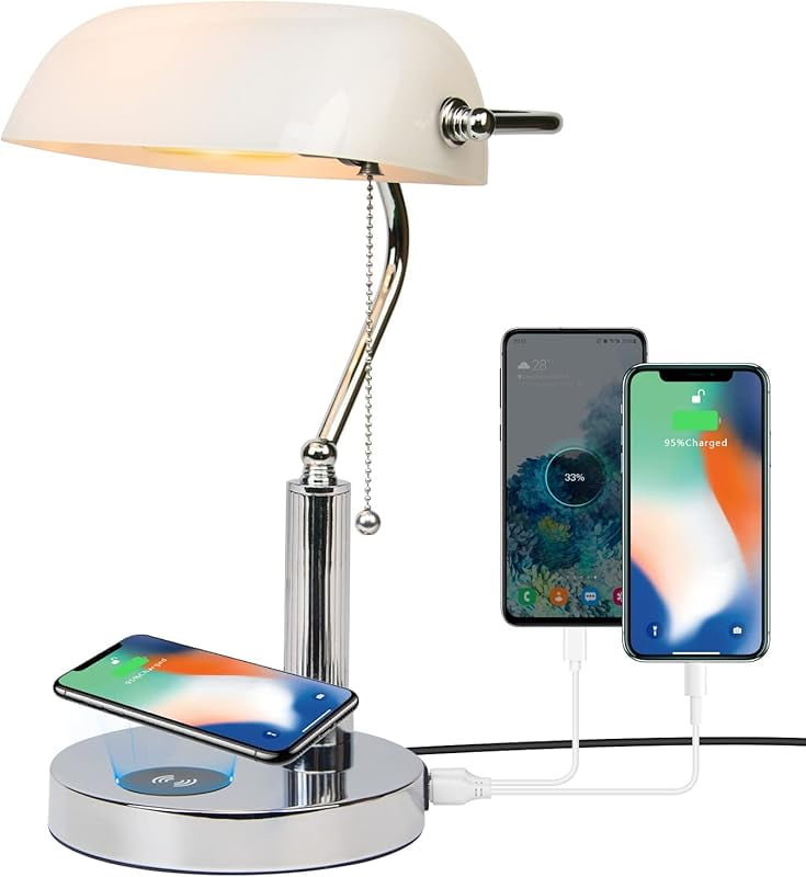 Bankers Lamp, White Glass Desk Lamp with Wireless Charger and 2USB ...