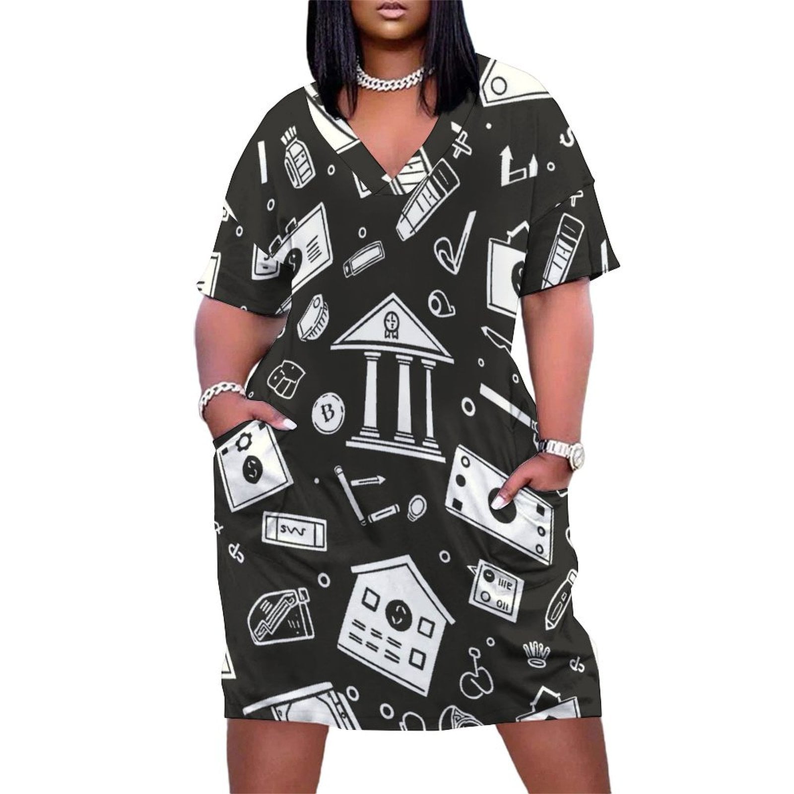 Banking Money Icons Loose Pocket Dress Summer Dress Woman 2025 Trendy Women"s Clothing Trend ...