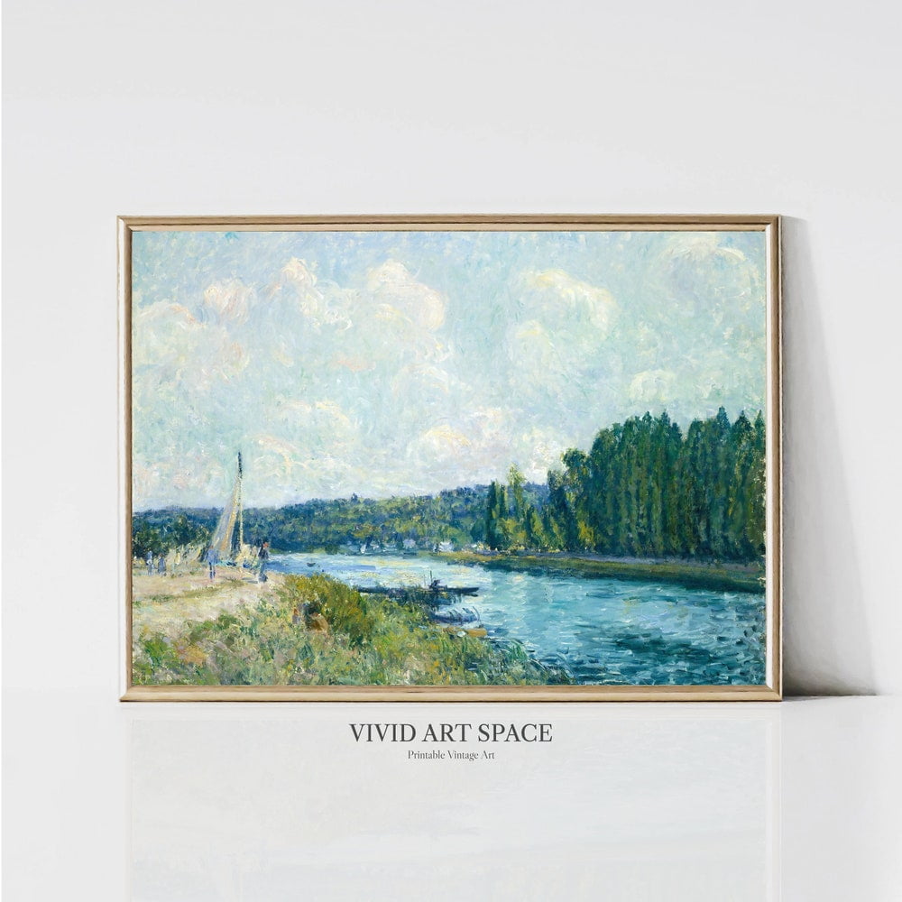 The Banks Of The River, Vintage Landscape Painting, Rustic Country Art ...