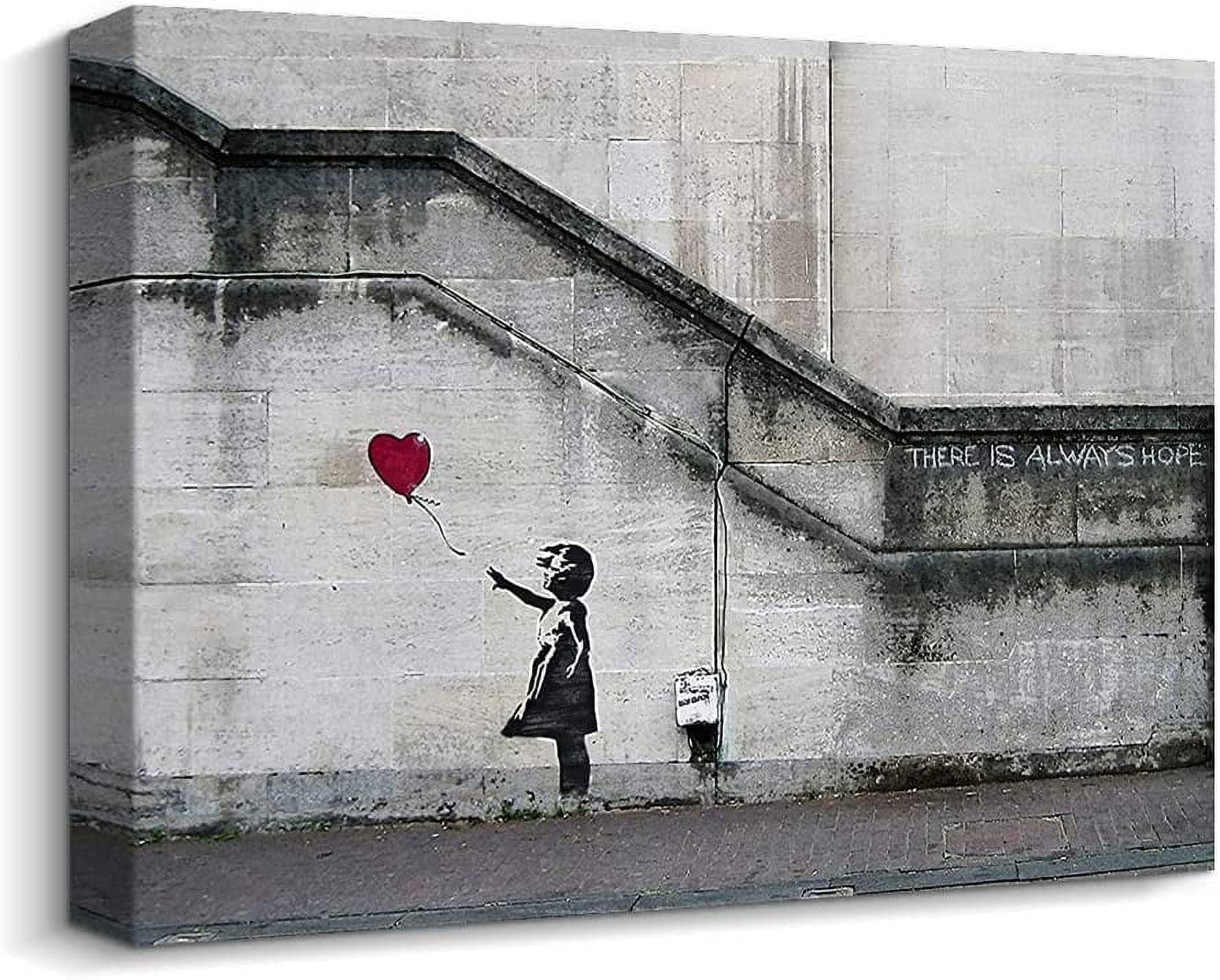 Banksy Canvas Wall Art, Girl with Red Balloon Graffiti Street Art, Grey ...