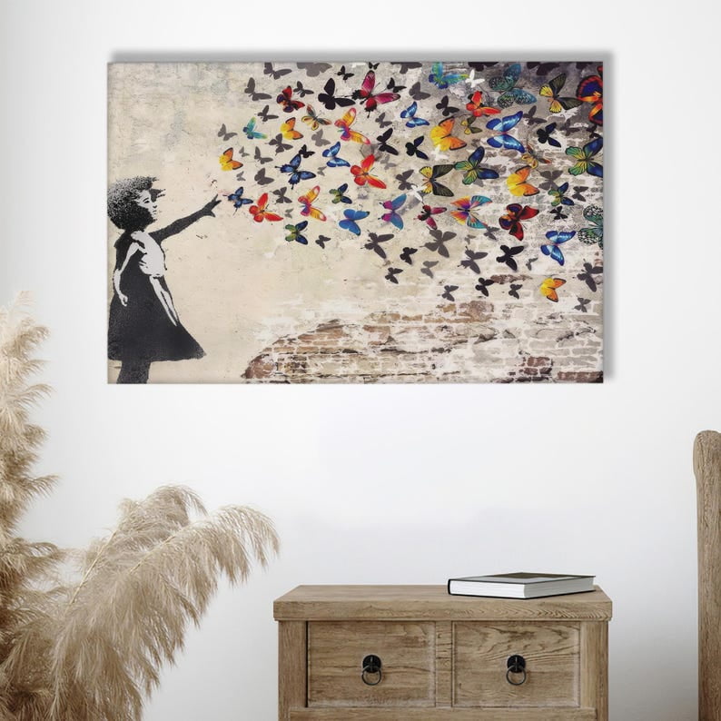 Banksy Girl with Butterfly Canvas Art Print: Modern Graffiti Décor 8x12 ...