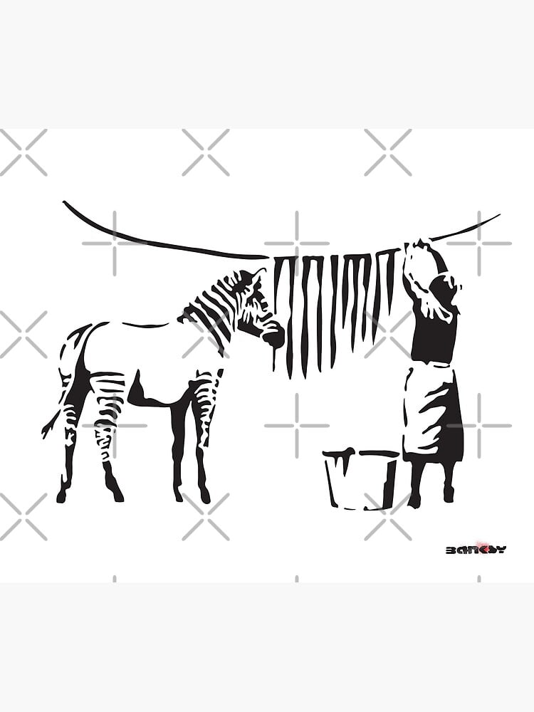 Banksy Graffiti Zebra stripes on a clothing line and a woman with ...