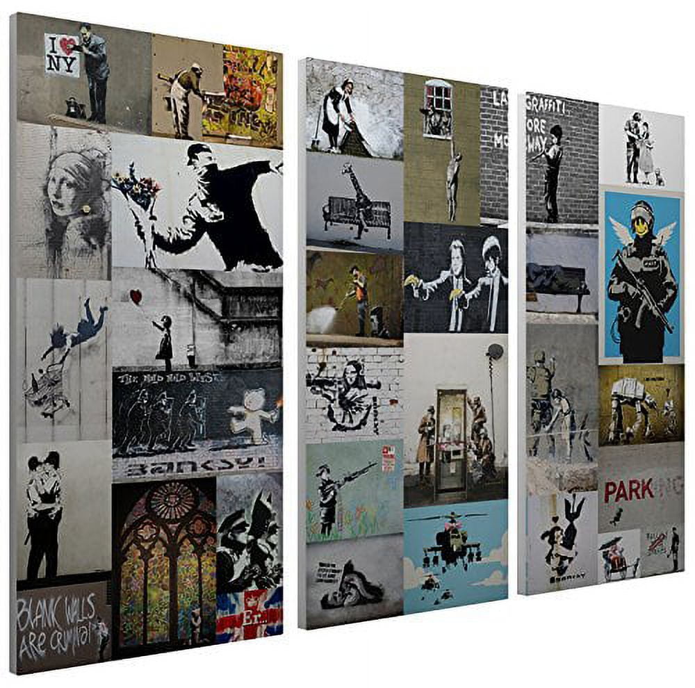 "Banksy Mosaic Collage" Gallery Wrapped Triptych Canvas Wall Art, 48" x ...